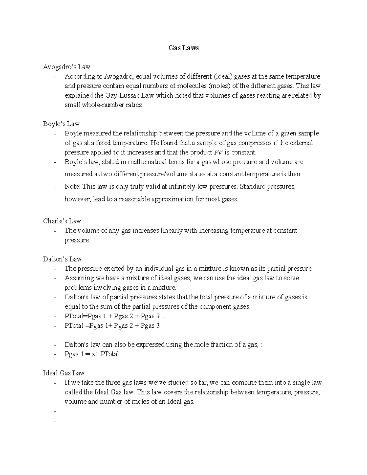 Module 2 Notes - Gas Laws Avogadro’s Law - According to Avogadro, equal ...