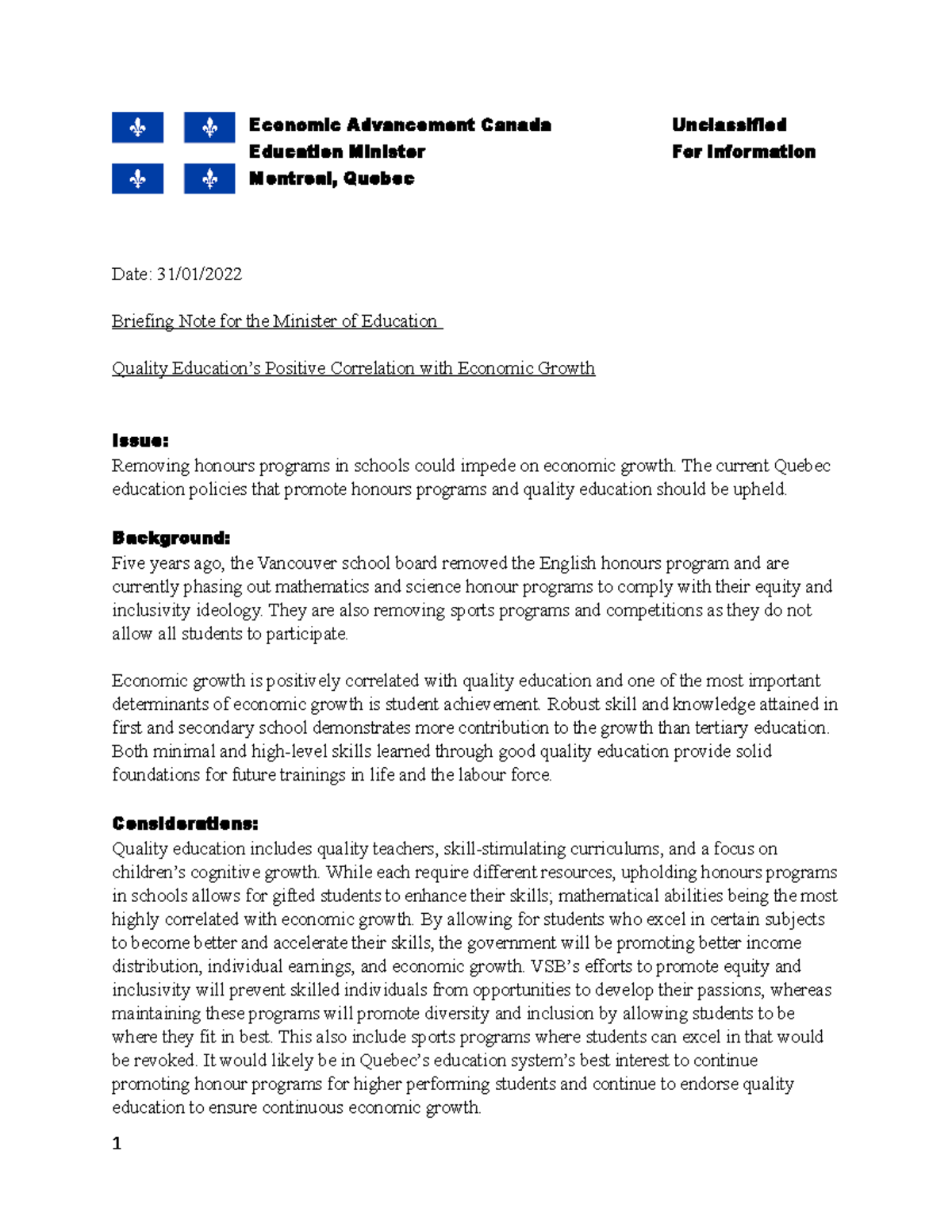 Briefing Note 1 - Economic Advancement Canada Unclassified Education ...