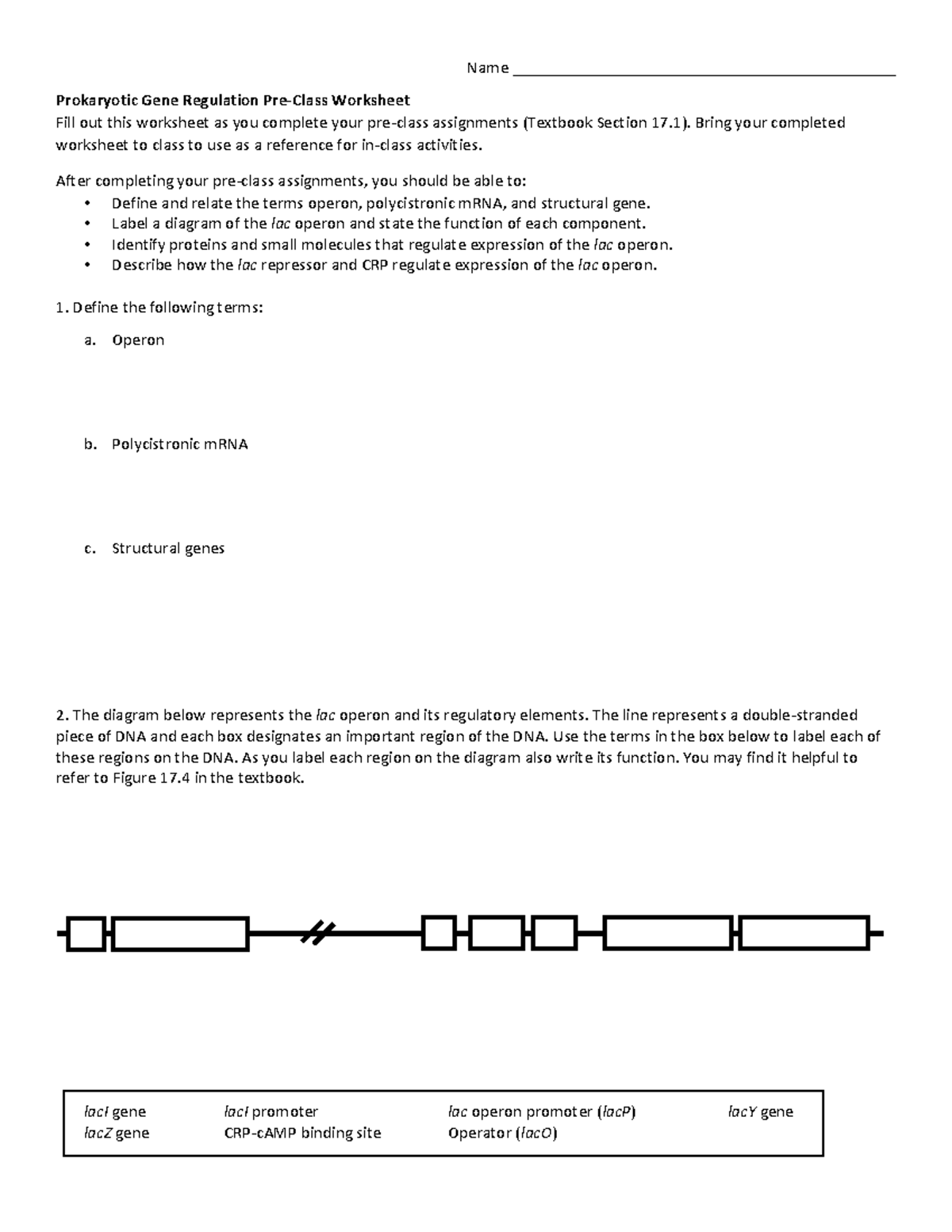 Week 7b Pre-Class Reading Guide - Prokaryotic Gene Regulation - Name ...