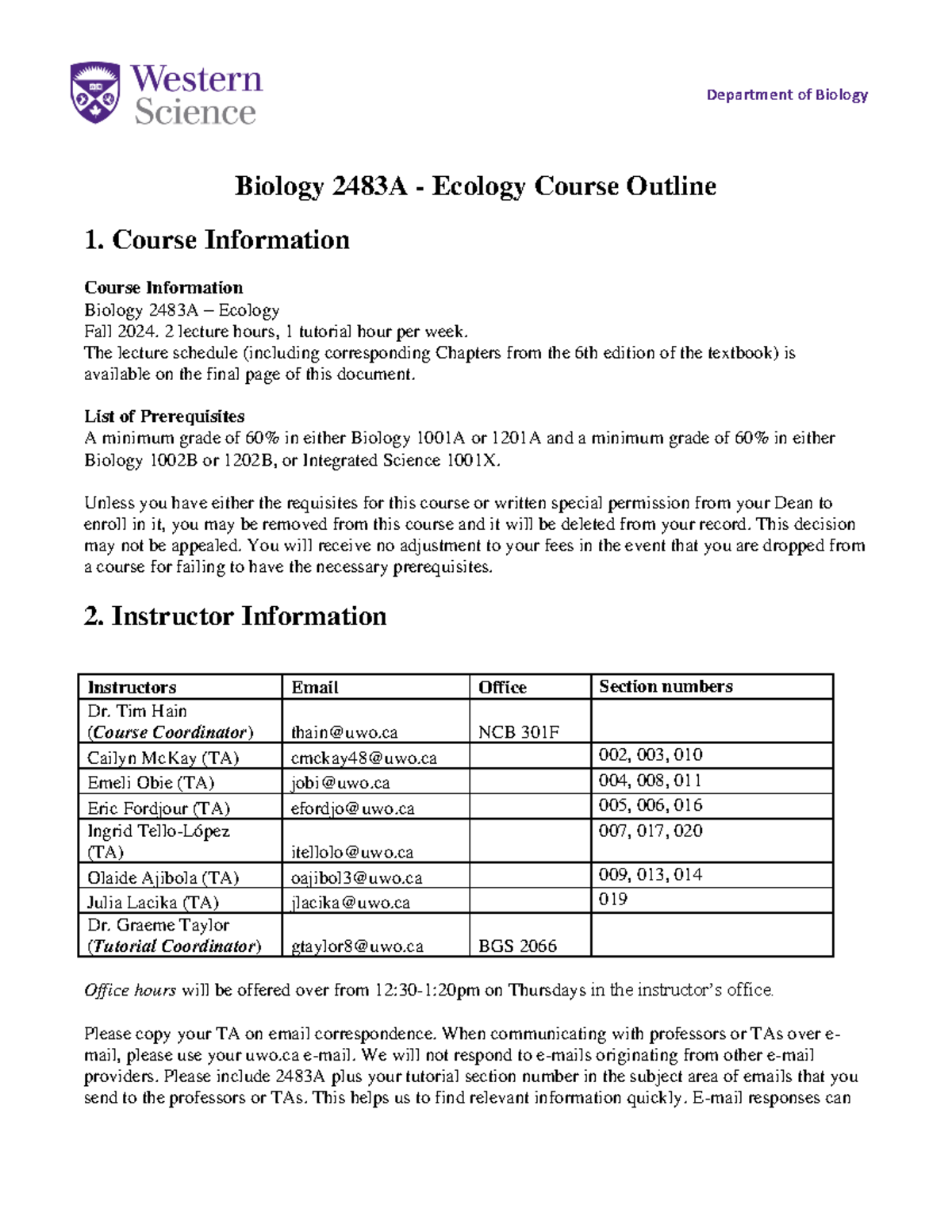 Biology 2483A syllabus 2024 - Department of Biology Biology 2483A ...