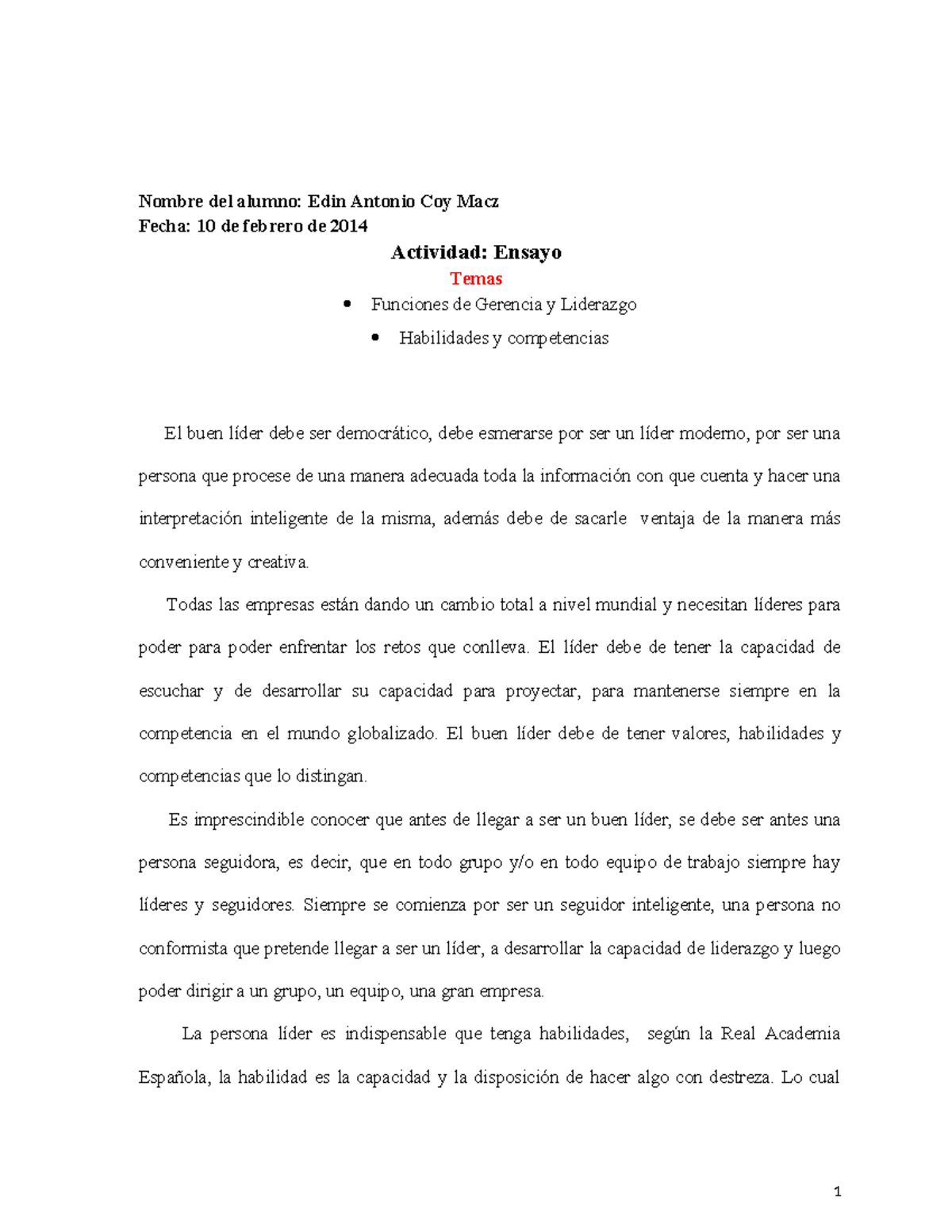 Actividad Ensayo - Funciones de Gerencia y Liderazgo - Nombre del ...