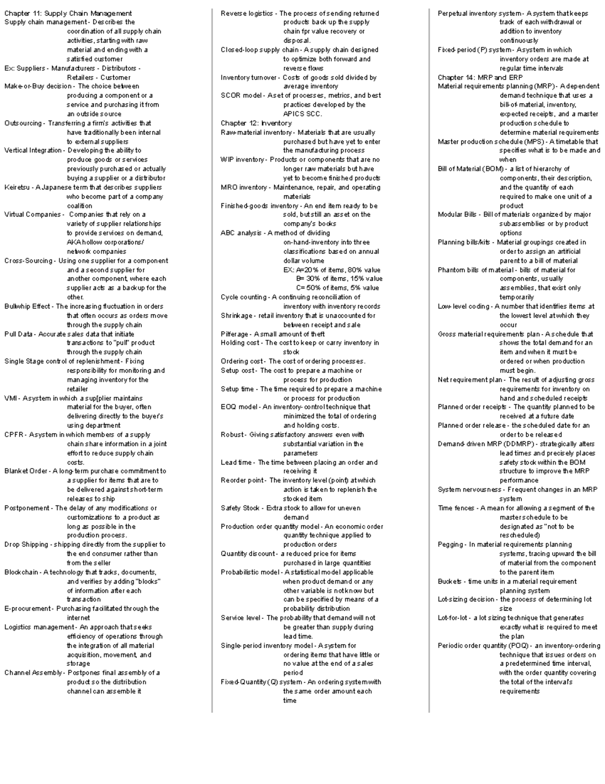 Ba 360 Cheat Sheet exam 3 - Chapter 11: Supply Chain Management Supply ...