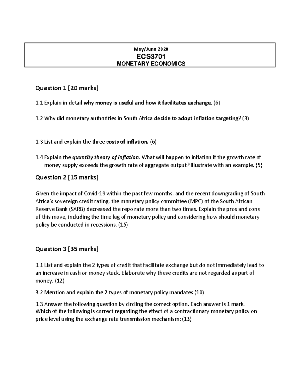 ECS3701 Exam Questions 2023 - May/June 2020 ECS MONETARY ECONOMICS ...