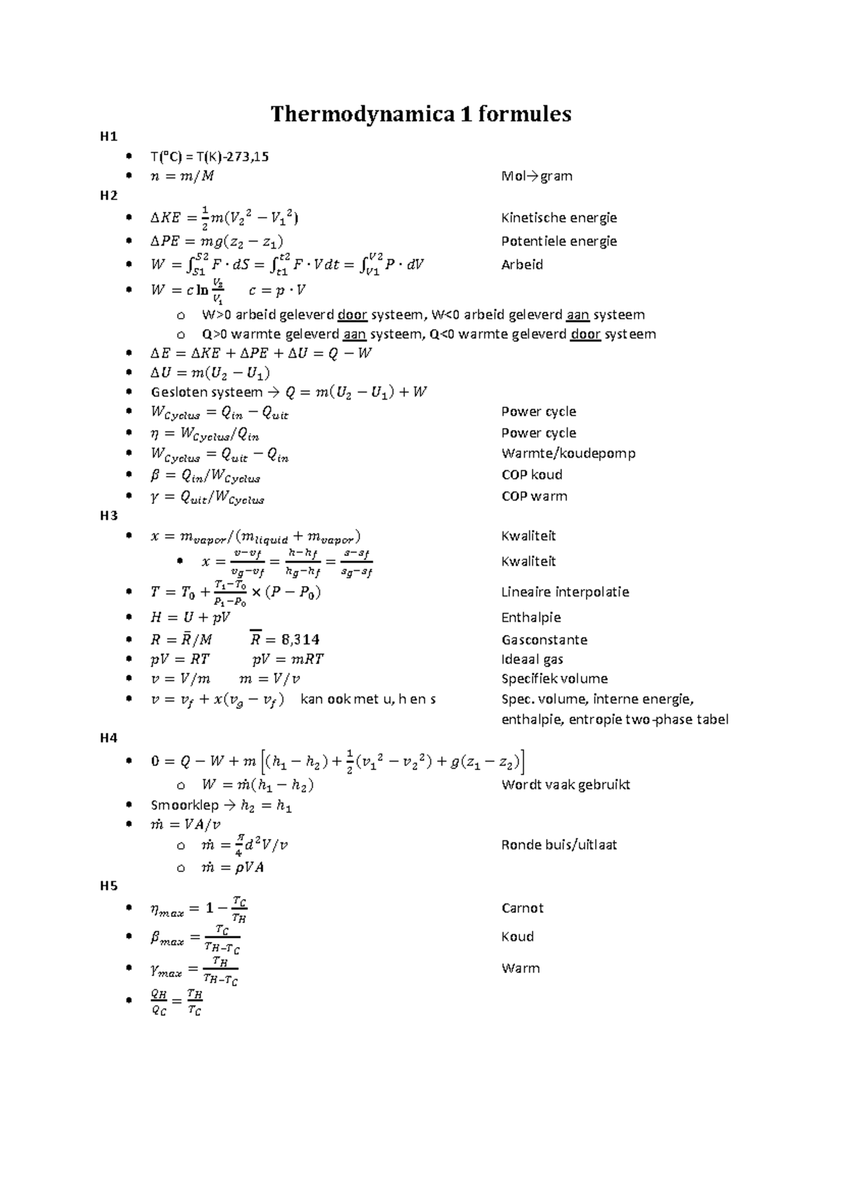 Thermodynamica Formules - Thermodynamica 1 formules H • T(°C) = T(K ...