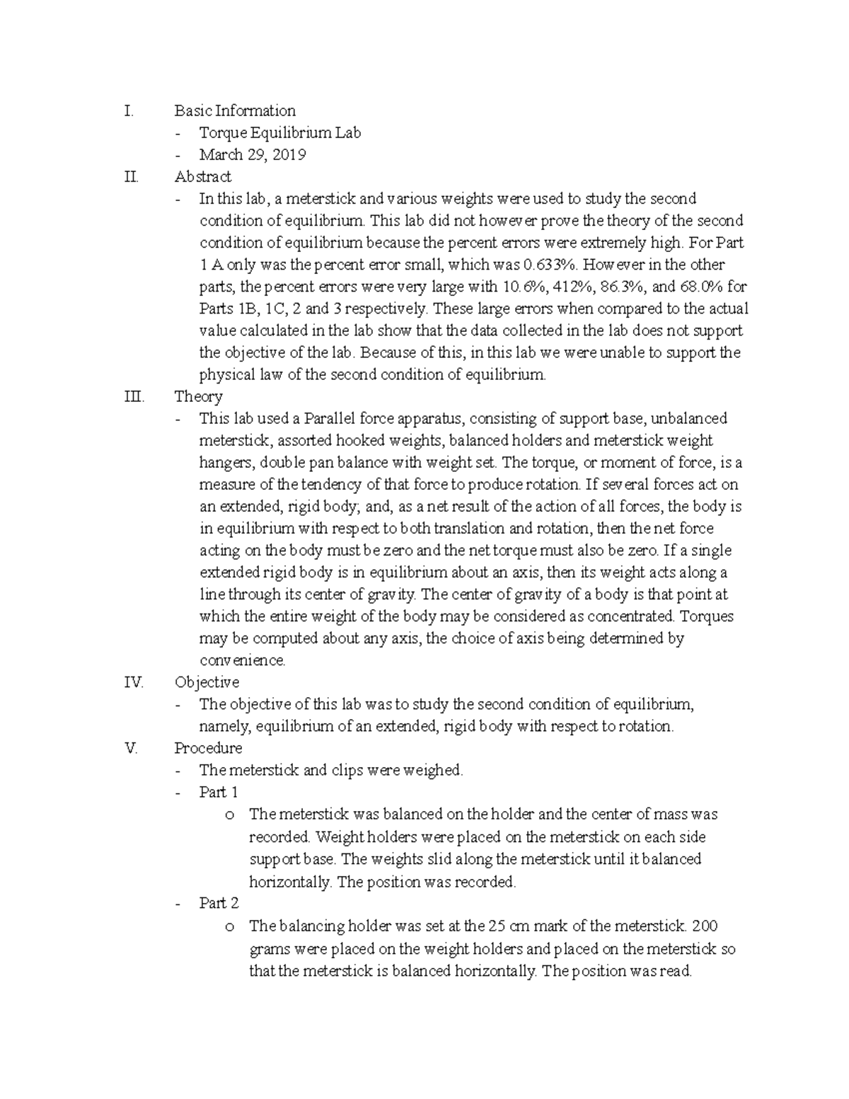 Torque Equilibrium Lab Report - I. Basic Information - Torque ...