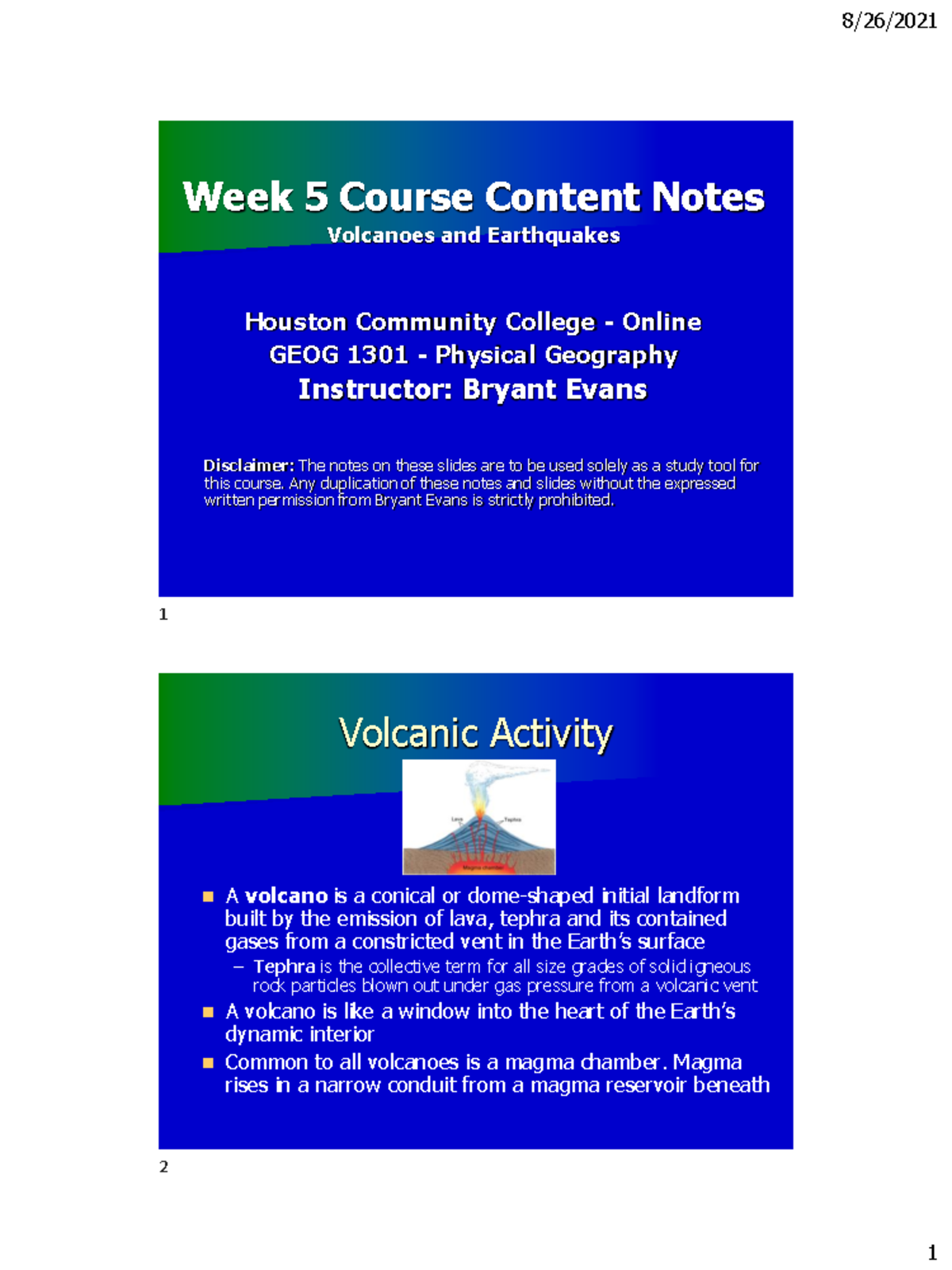 Week 5 Course Content Notes - Week 5 Course Content Notes Volcanoes and ...