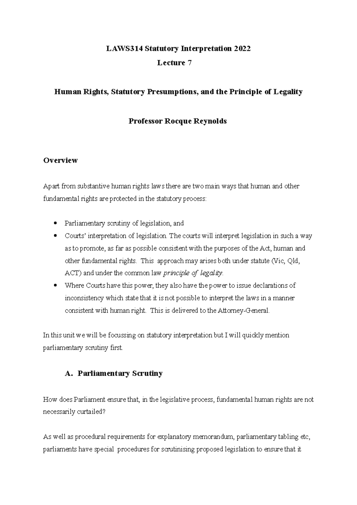 Week 7 Lecture Notes Week 7 Stat Interpretation Laws314 Statutory Interpretation 2022
