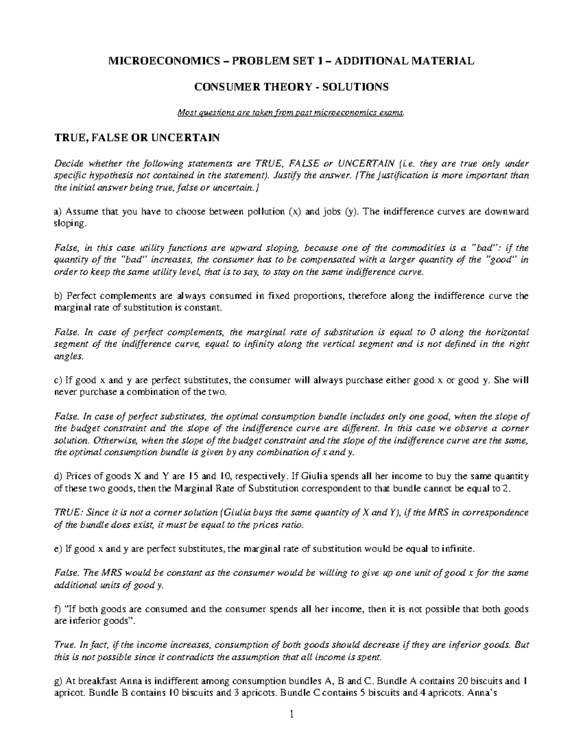 Additional PS 1sol Microeconomics - MICROECONOMICS – PROBLEM SET 1 – ADDITIONAL MATERIAL ...