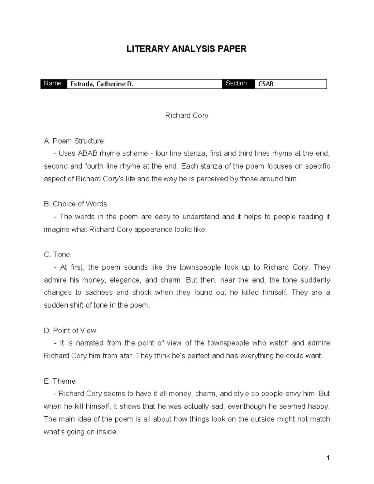 Literary- Analysis - LITERARY ANALYSIS PAPER Name Estrada, Catherine D ...