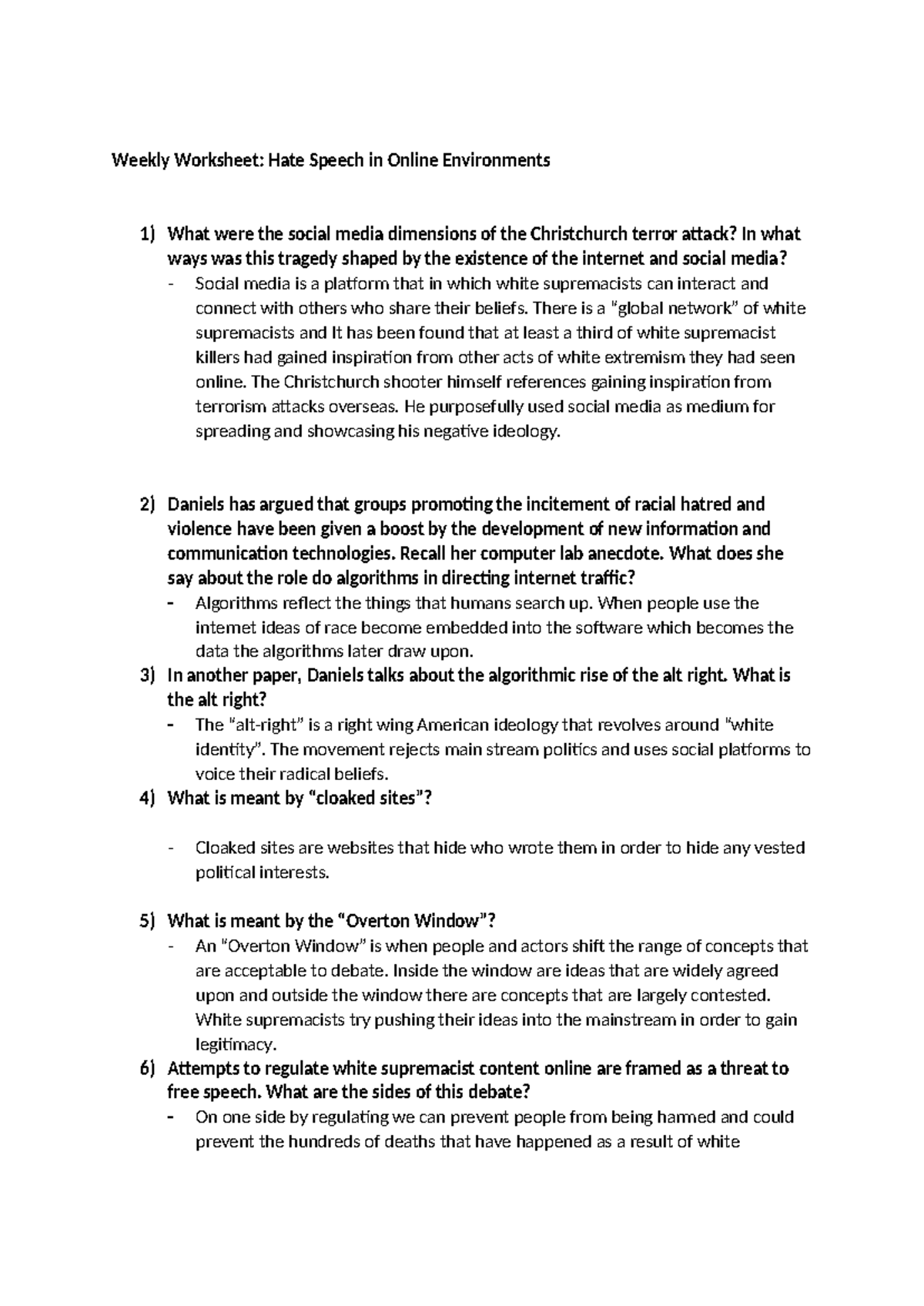 Weekly Worksheet Questions on Hatespeech - Weekly Worksheet: Hate ...