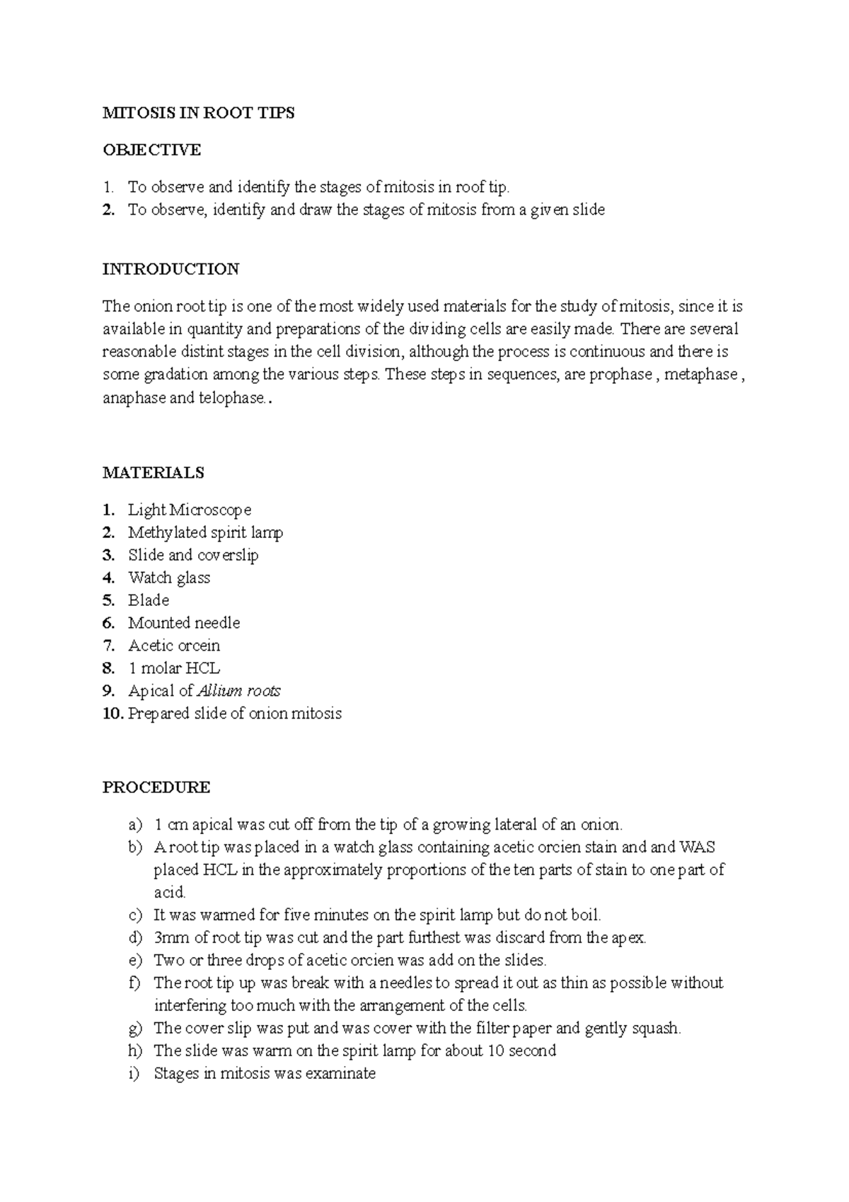 Lab Report Bio 6 MITOSIS IN ROOT TIPS OBJECTIVE To Observe And