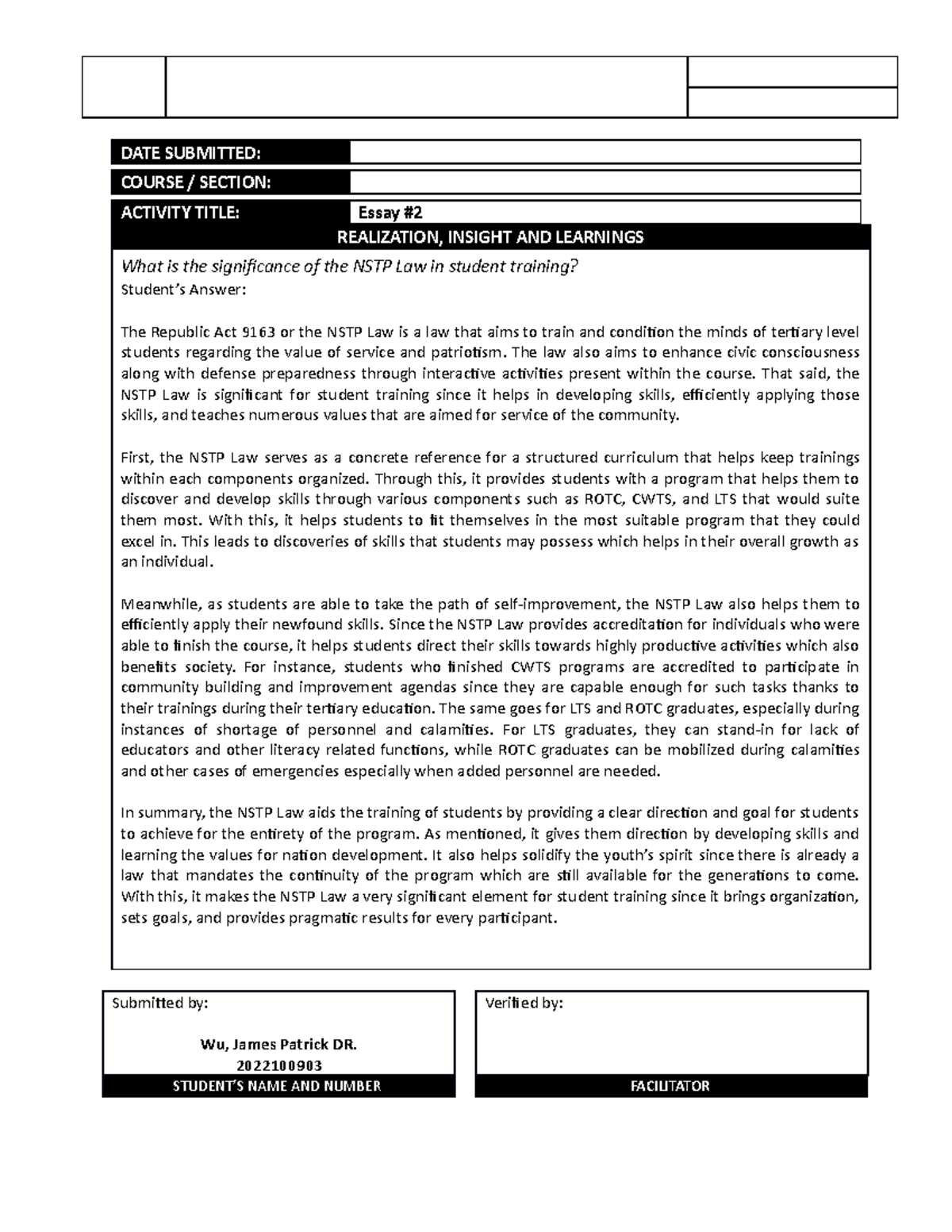 NSTP100-E2 - Essay 2 - DATE SUBMITTED: COURSE / SECTION: ACTIVITY TITLE ...