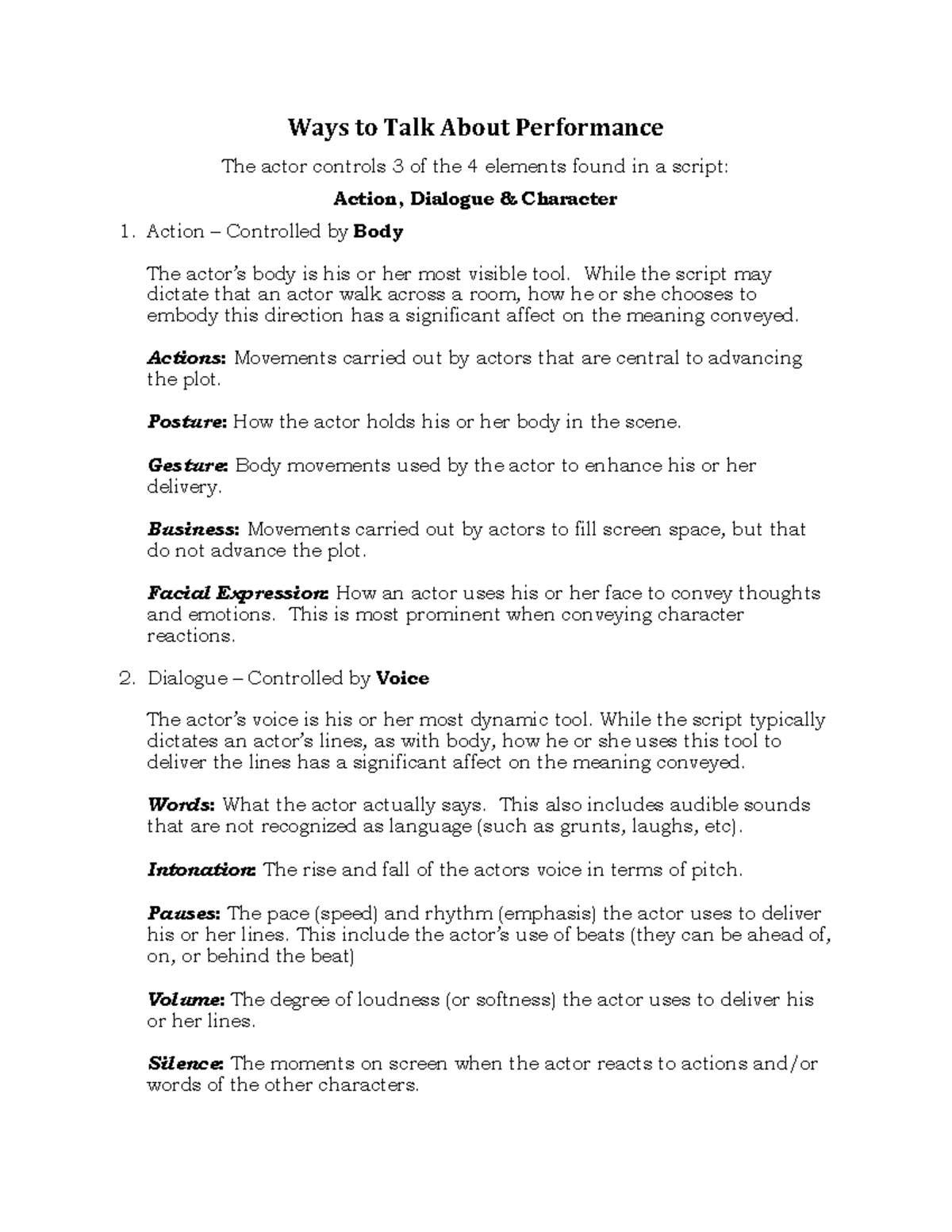 CTCS 190 - Performance Notes - Ways to Talk About Performance The actor ...