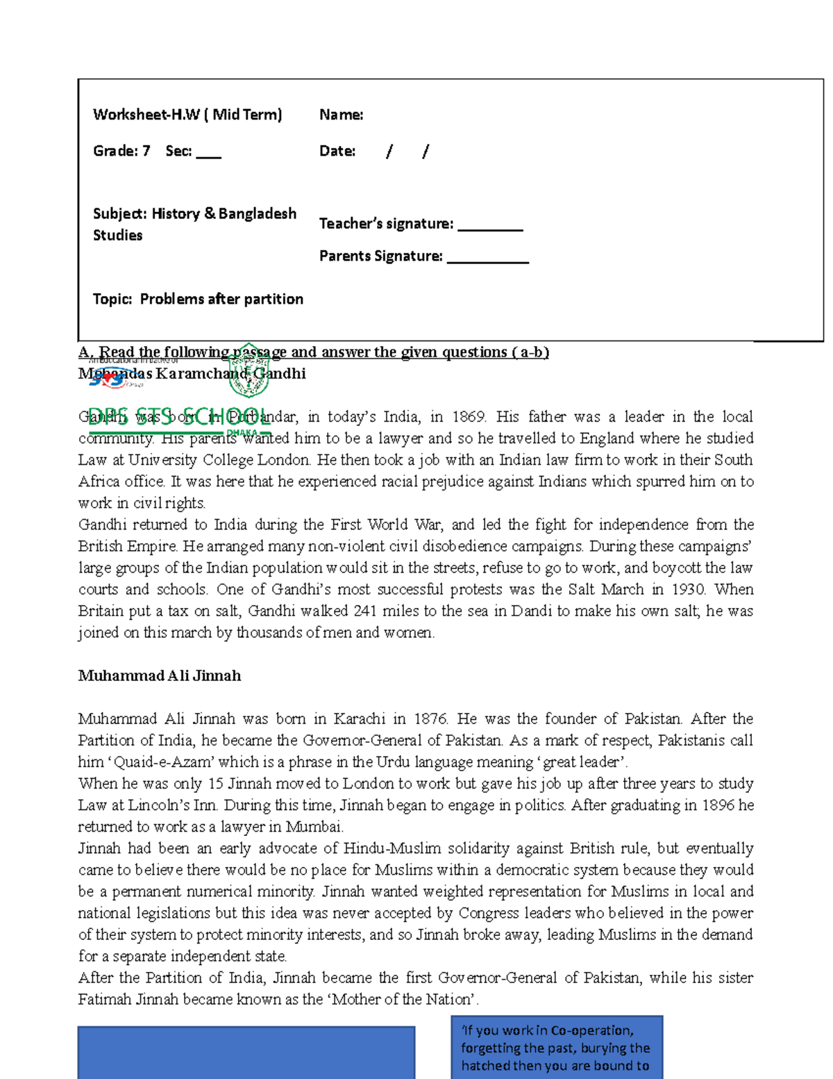 Aariz Abdullah Karim - Problems after partition WS - Worksheet-H ( Mid ...