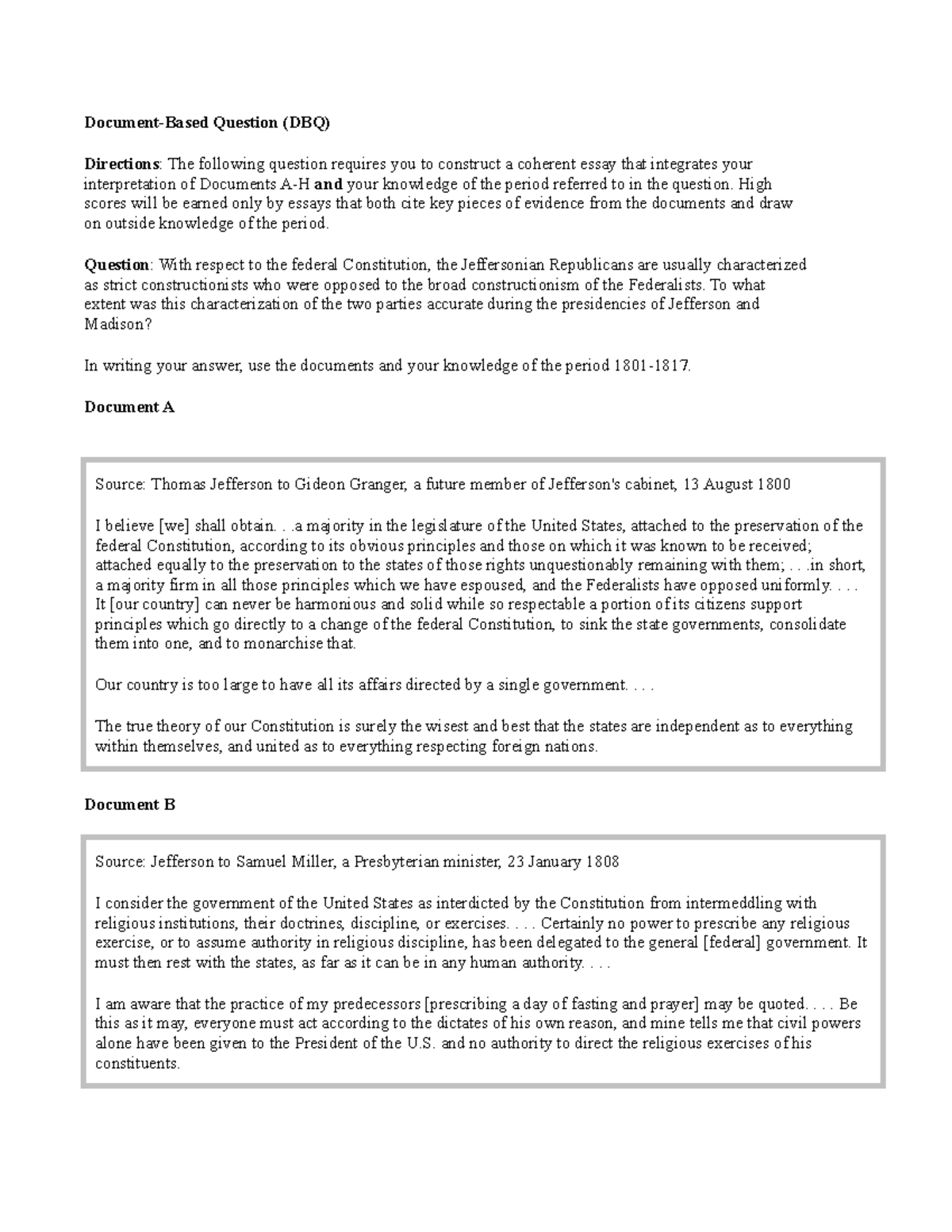 DBQ Federalists vs. Democratic Republicans - Document-Based Question ...