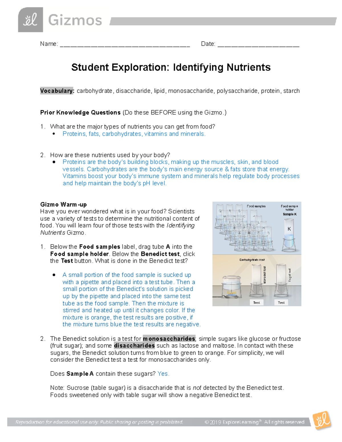Identifying Nutrients SE - Name: ______________________________________ Date: - Studocu