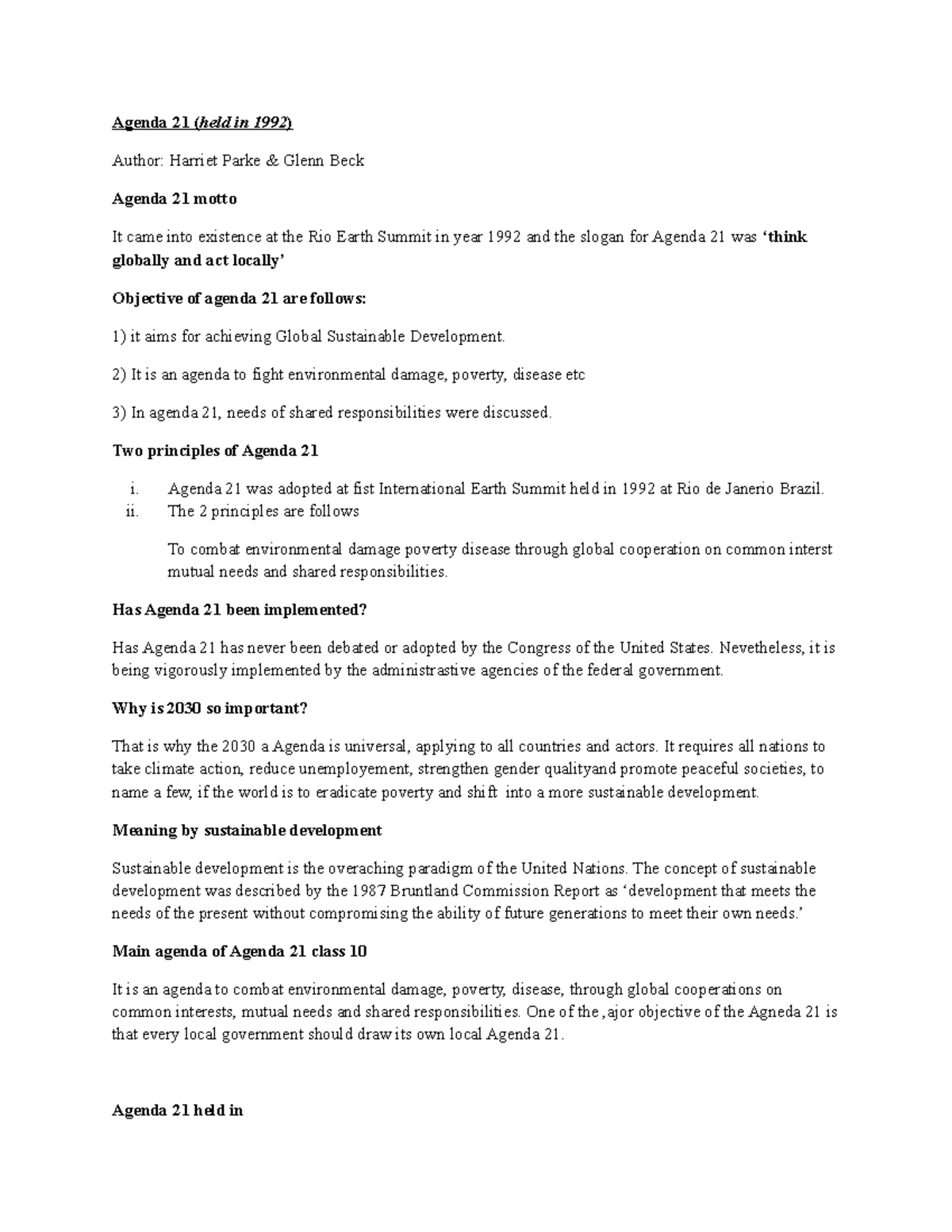 Agenda 21 - Agenda 21 (held in 1992) Author: Harriet Parke & Glenn Beck ...