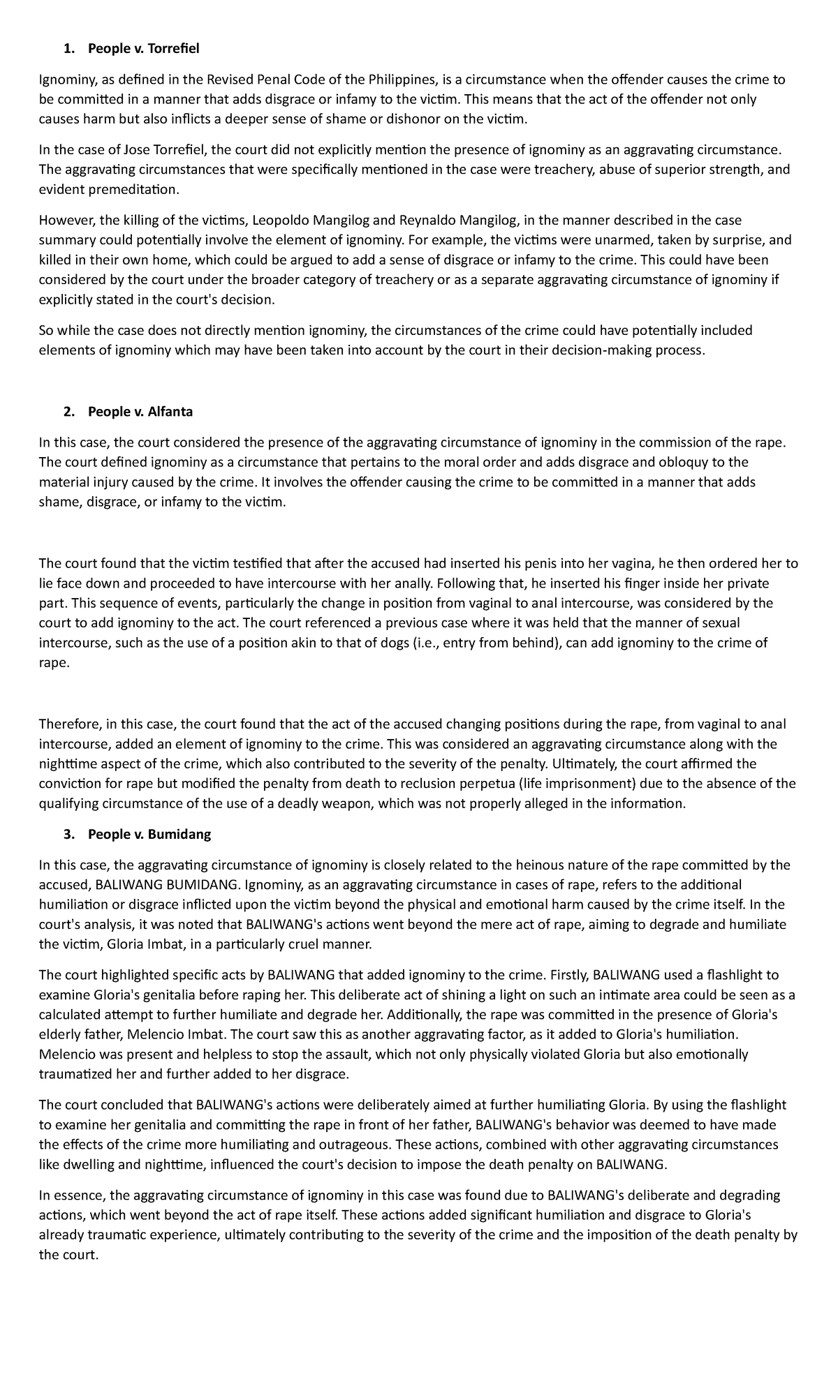 Ignominy - notes - People v. Torrefiel Ignominy, as defined in the ...