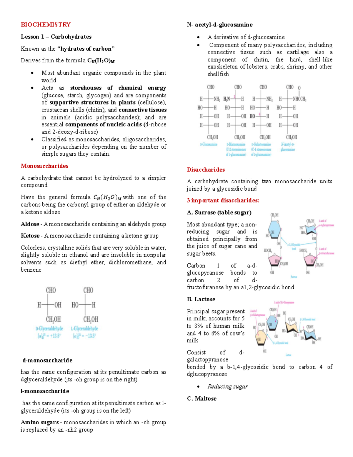 Biochem Trans-2 - BIOCHEMISTRY Lesson 1 – Carbohydrates Known as the ...