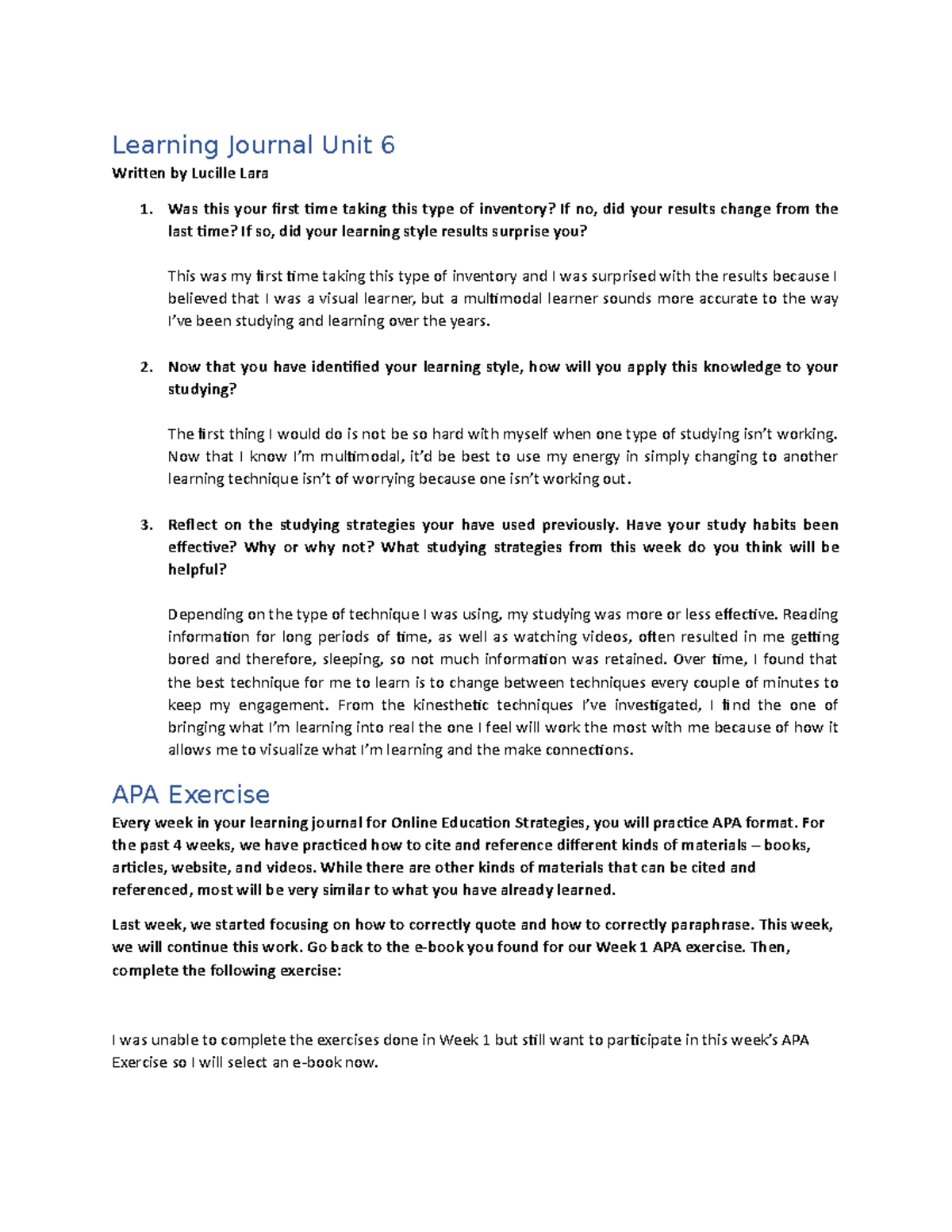 APA and Journal for Unit 6 of UNIV 1001 - Learning Journal Unit 6 ...