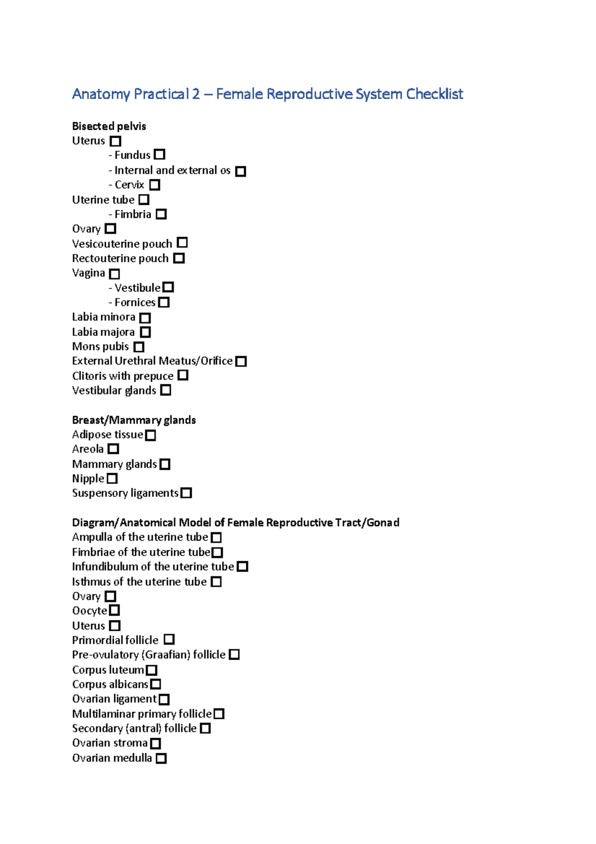 Anatomy Practical 2 Checklist - Anatomy Practical 2 – Female ...