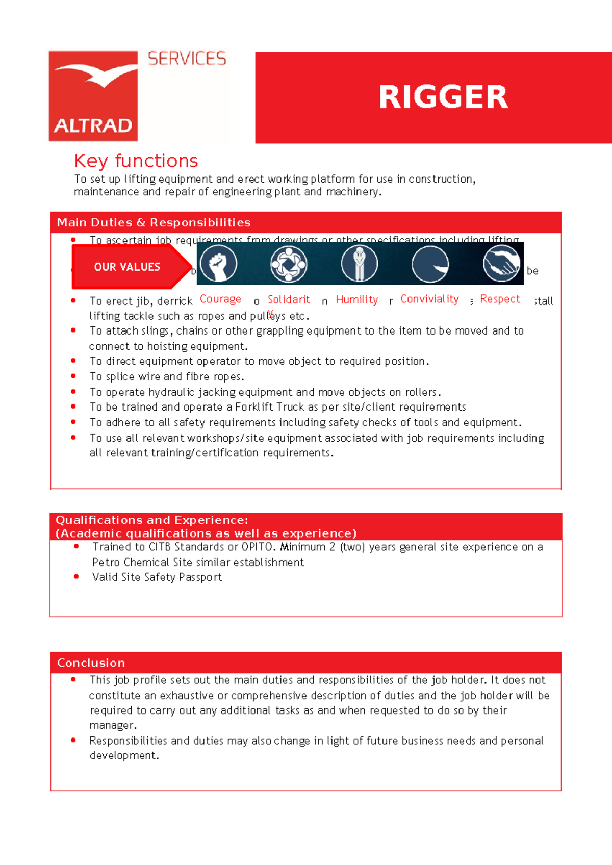 Altrad - Rigger Job Des - Description of work - Key functions To set up ...