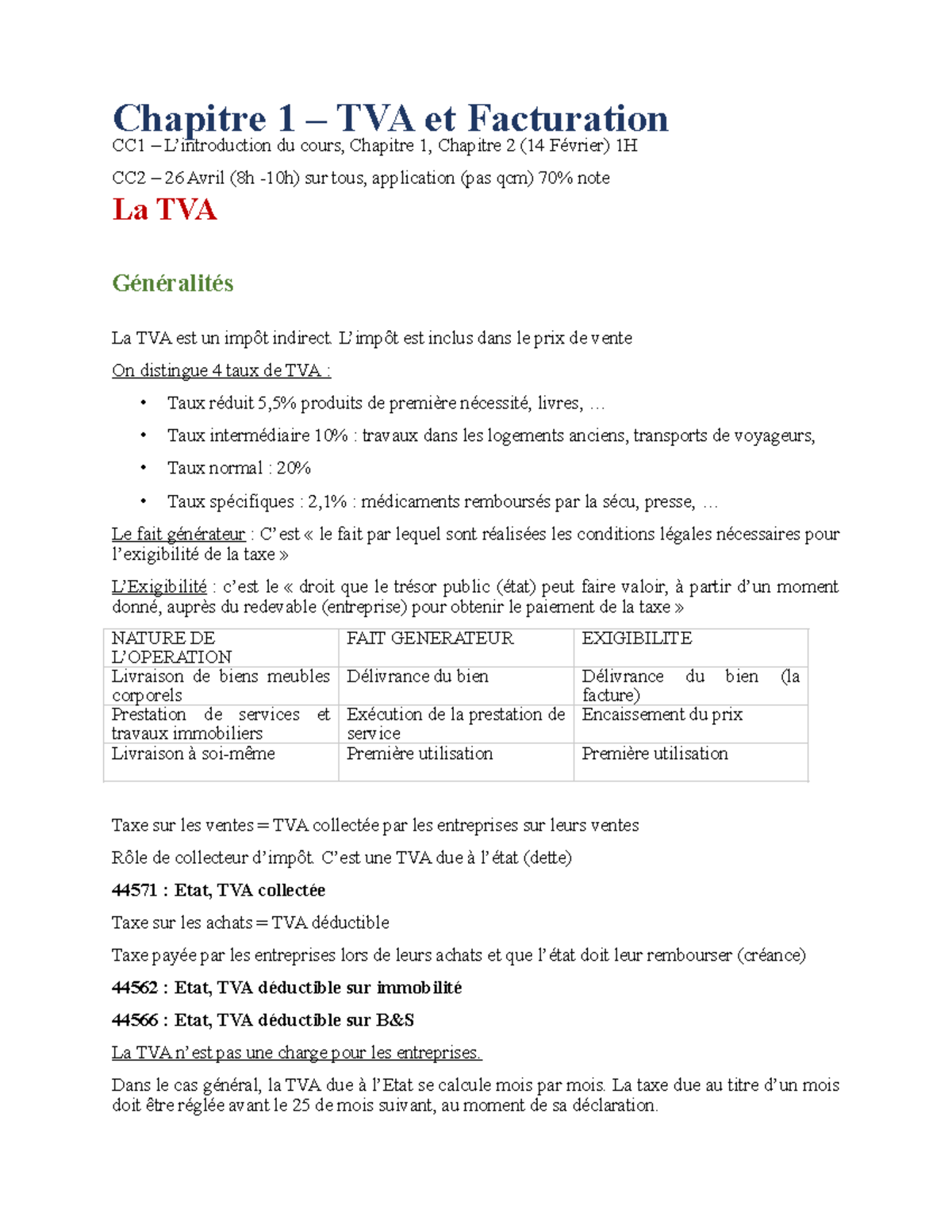 Chapitre 1 - COUR - Chapitre 1 – TVA et Facturation CC1 – L’introduction du cours, Chapitre 1 ...