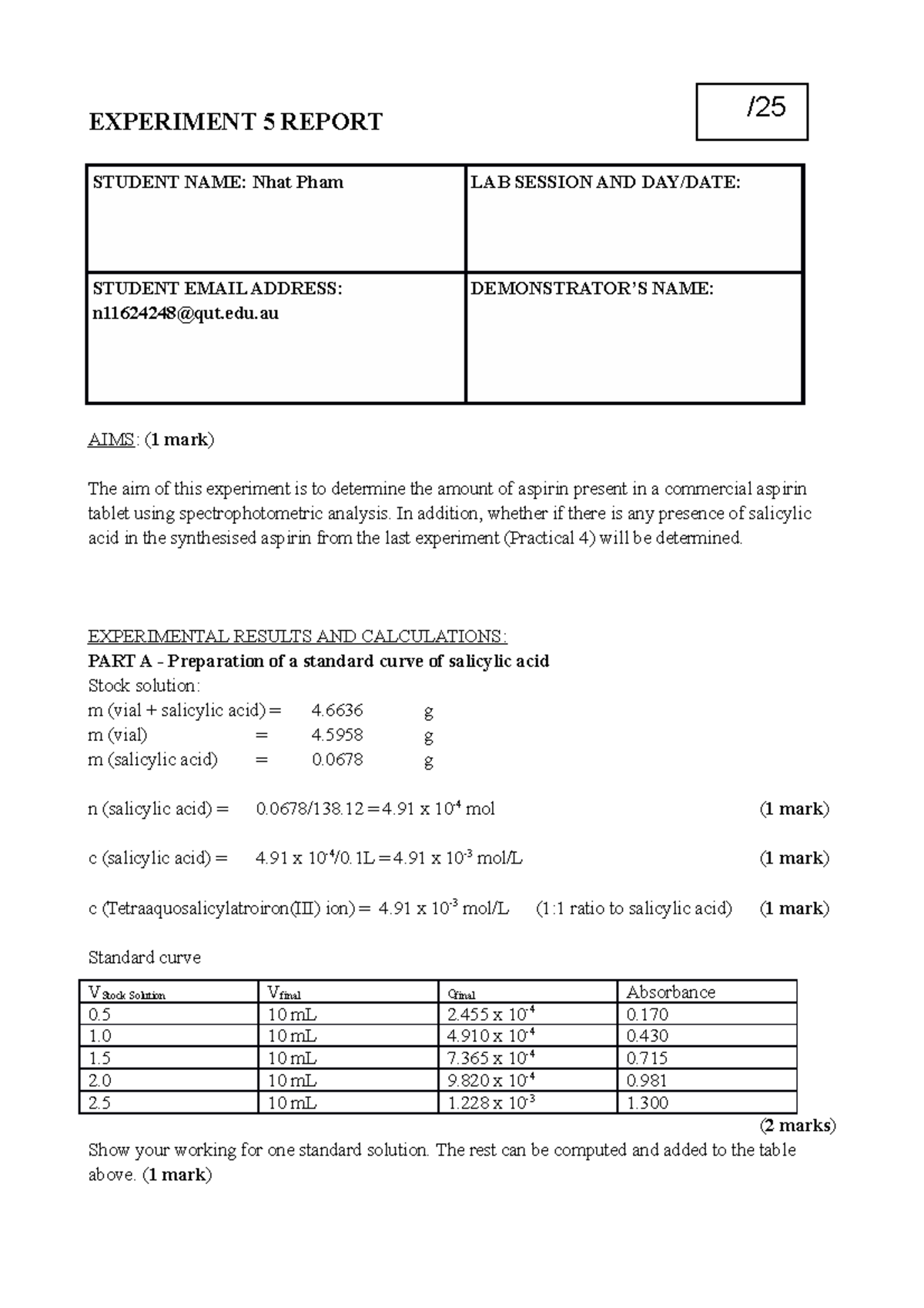 CZB190 Experiment 5 Report - EXPERIMENT 5 REPORT STUDENT NAME: Nhat Pham LAB SESSION AND DAY ...