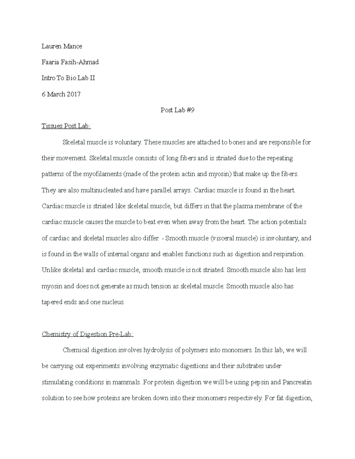 Bio Lab II Post Lab 9 - Grade: A - Lauren Mance Faaria Fasih-Ahmad ...