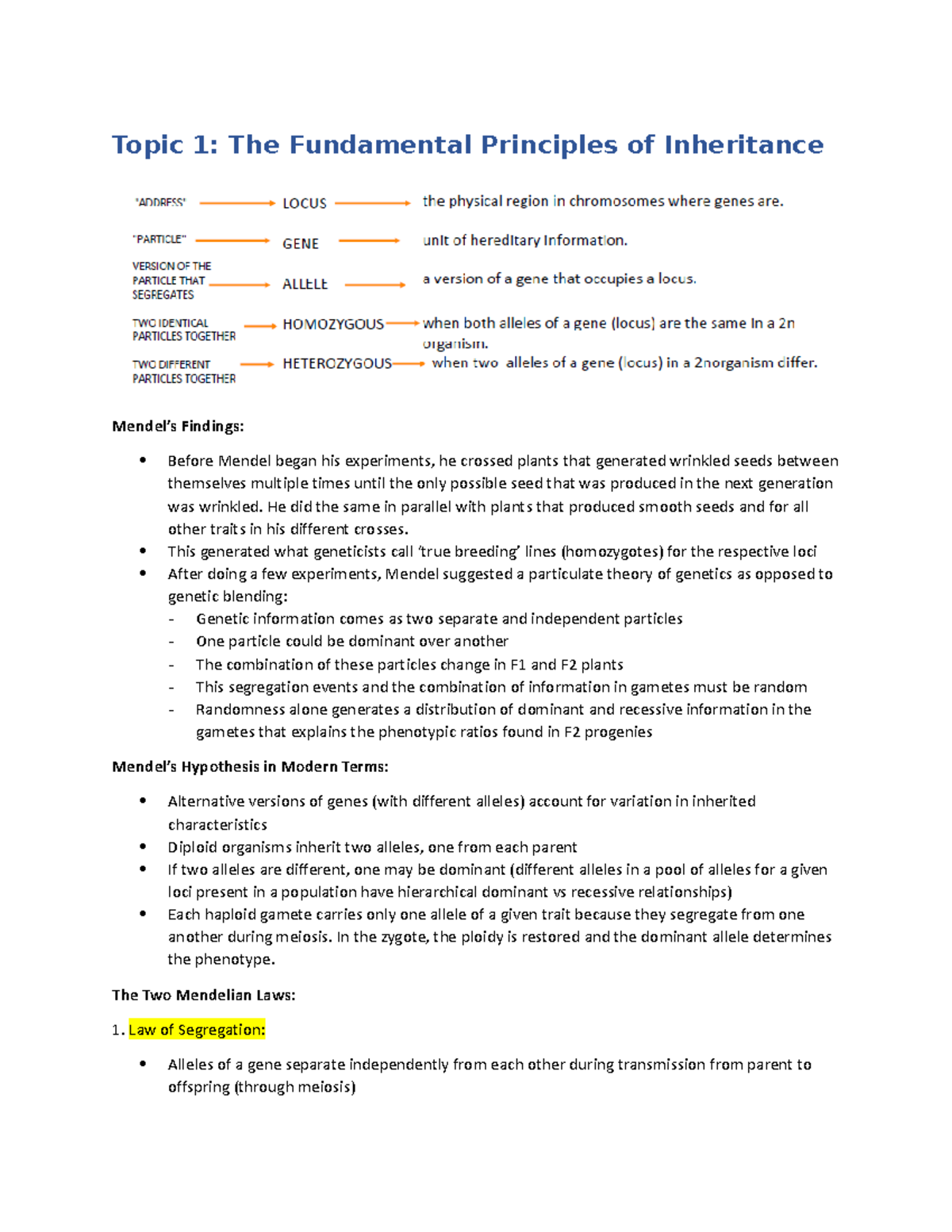 BIOL 226 summary notes topics 1-4 - Topic 1: The Fundamental Principles ...