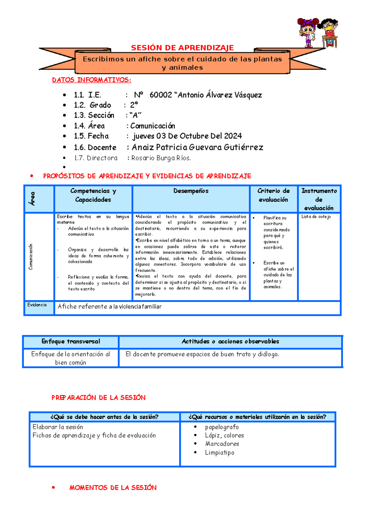 Sesion COM Escribimos UN Afiche 03-09 - SESIÓN DE APRENDIZAJE DATOS INFORMATIVOS: 1. I. : Nº ...