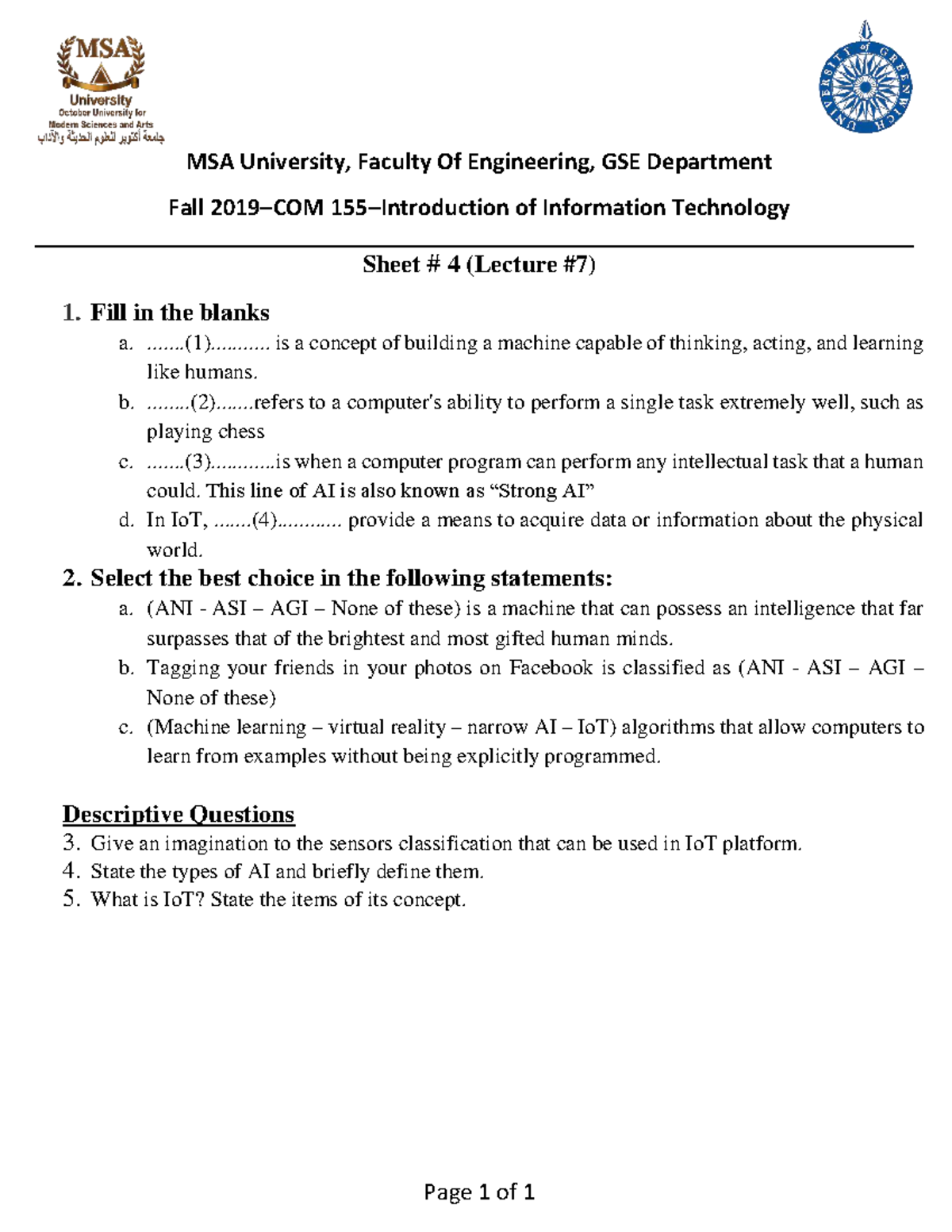 IT - sheet 4 - MSA University, Faculty Of Engineering, GSE Department ...