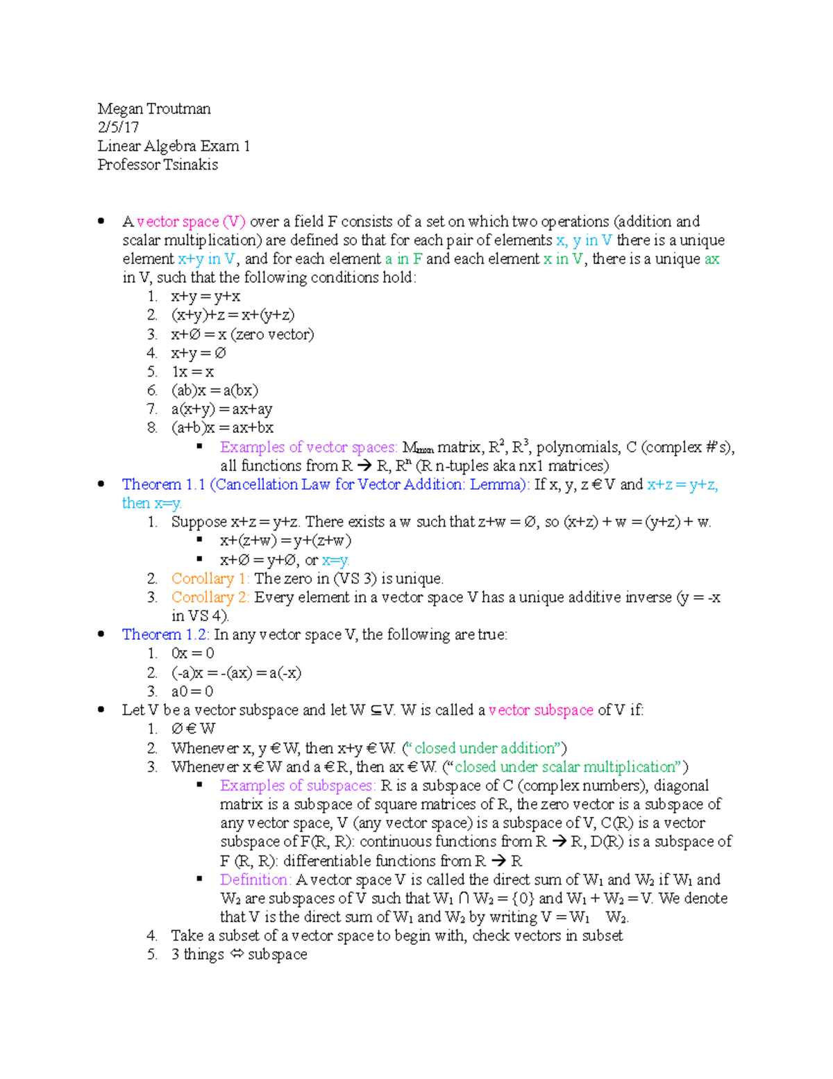 1st exam outline - 1st exam study guide - Megan Troutman 2/5/ Linear ...