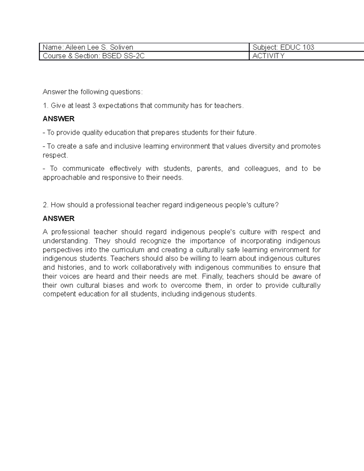 Soliven Activity - Expectations that community has for Teachers. - Name ...