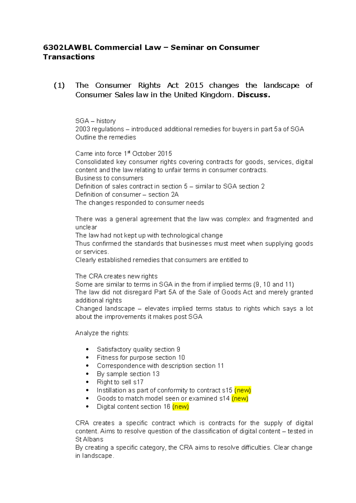 Seminar 4 Consumer Transactions - 6302LAWBL Commercial Law – Seminar on ...