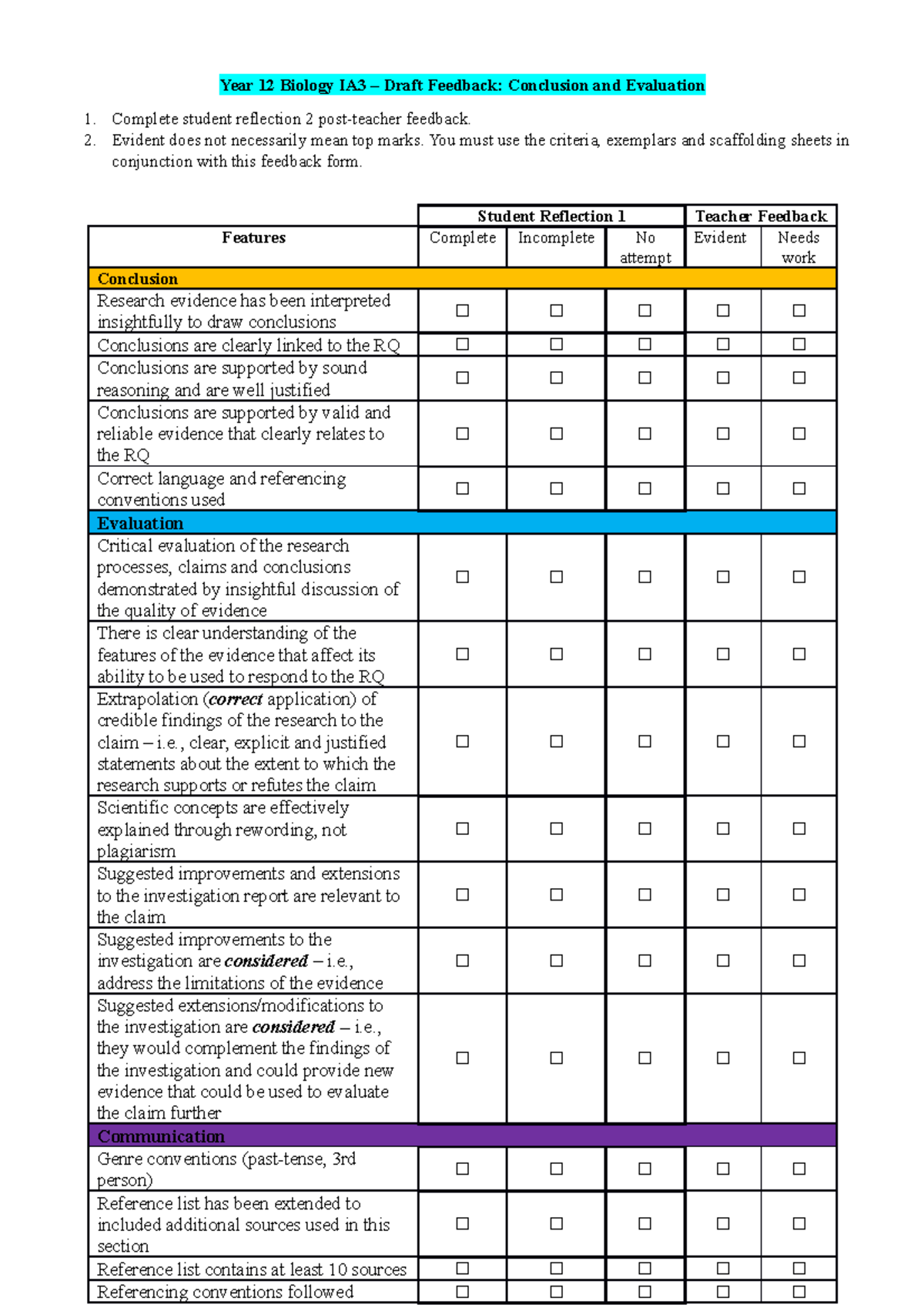 12Biology IA 3Feedback Checklist Evaluation and Conclusion - Year 12 ...