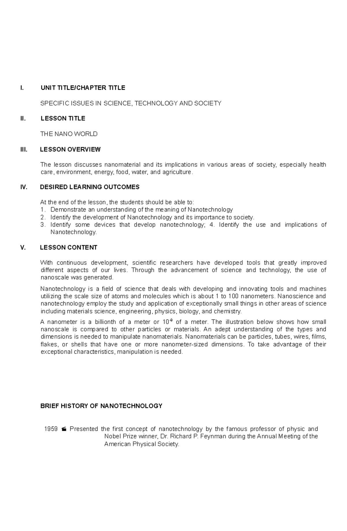 STS Lesson 13 The Nano World - I. UNIT TITLE/CHAPTER TITLE SPECIFIC ...