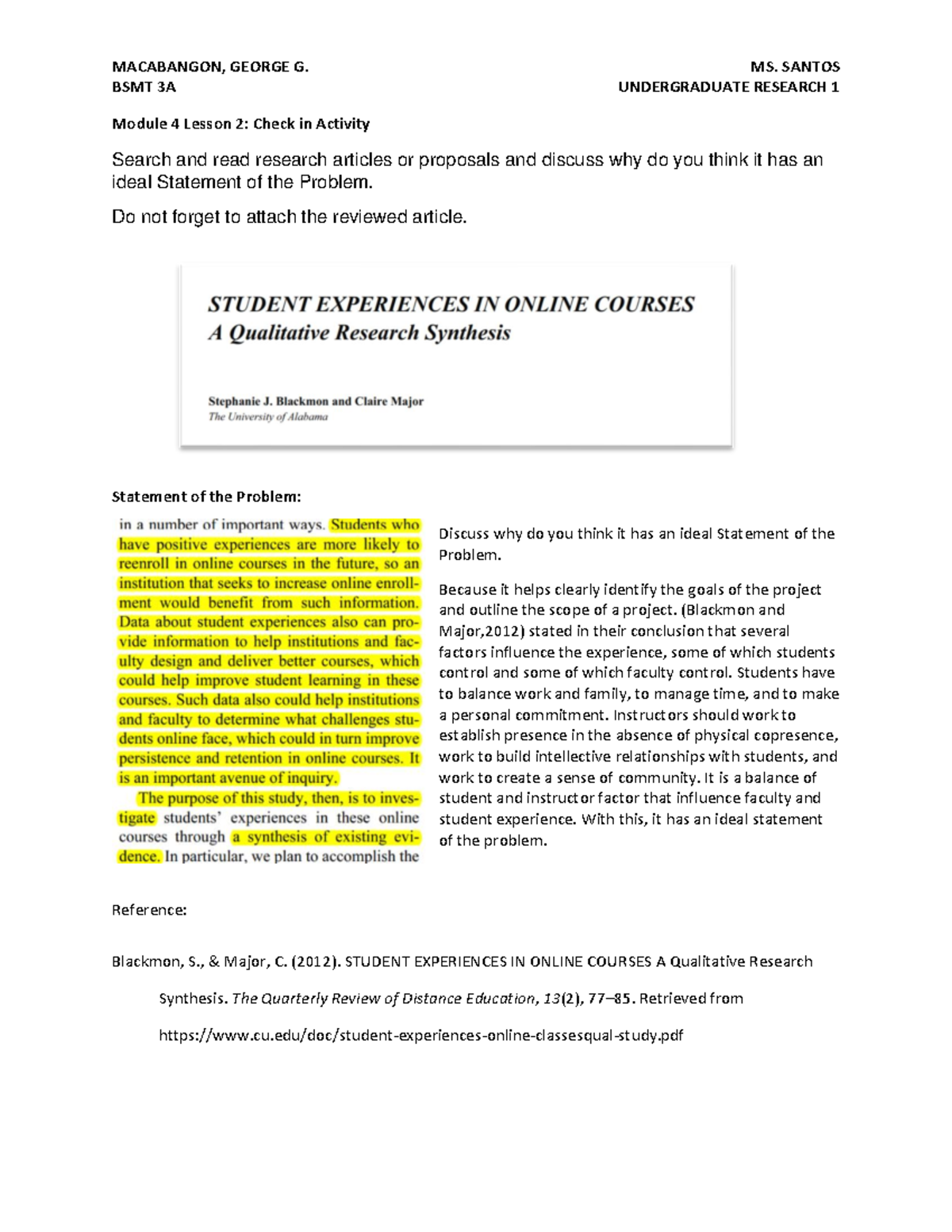 Module 4 Lesson 2 Check In Activity - Undergraduate research - Studocu