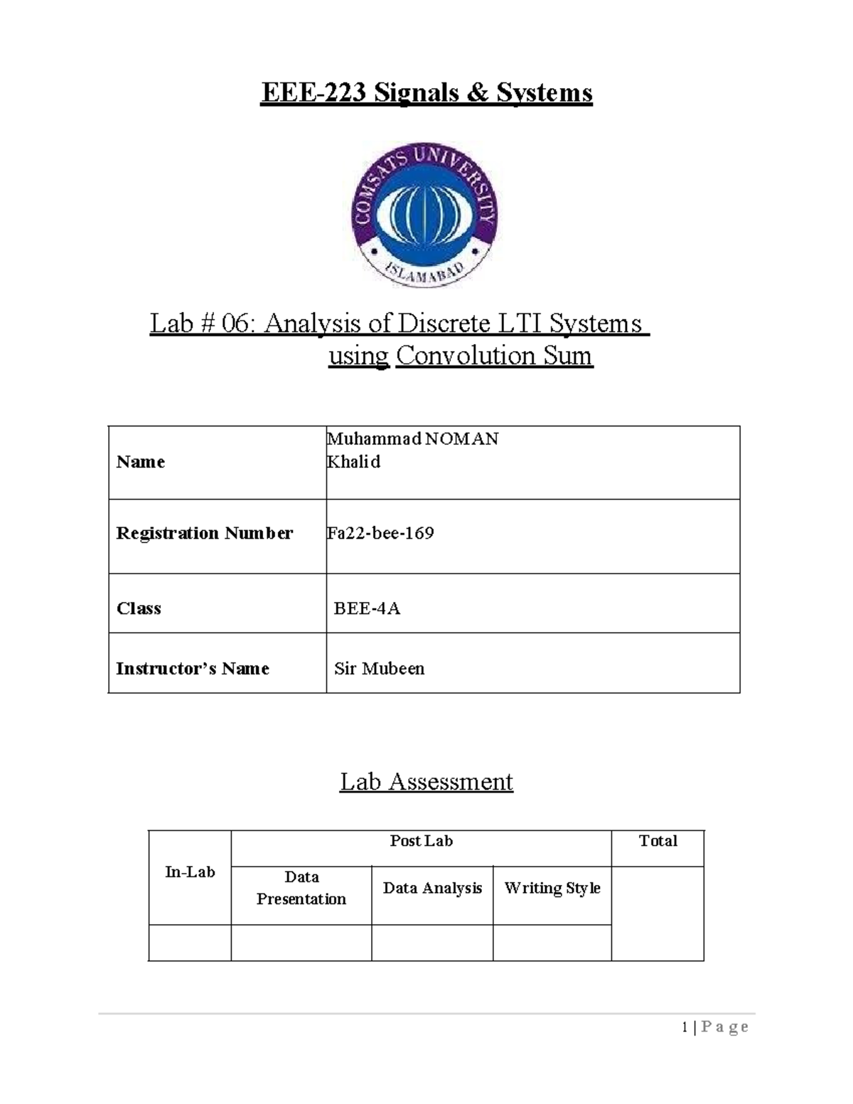 Signals lab 6 - It is good - EEE-223 Signals & Systems Lab # 06: Analysis of Discrete LTI - Studocu