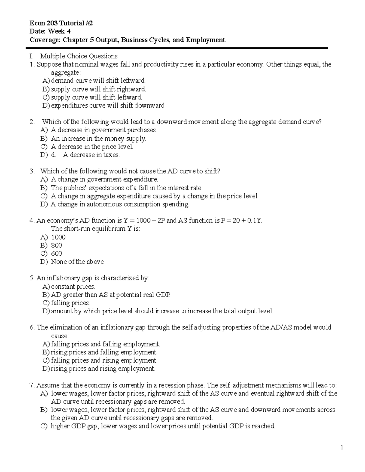 Tutorial #1 - Econ 203 Tutorial Date: Week 4 Coverage: Chapter 5 Output, Business Cycles, and ...