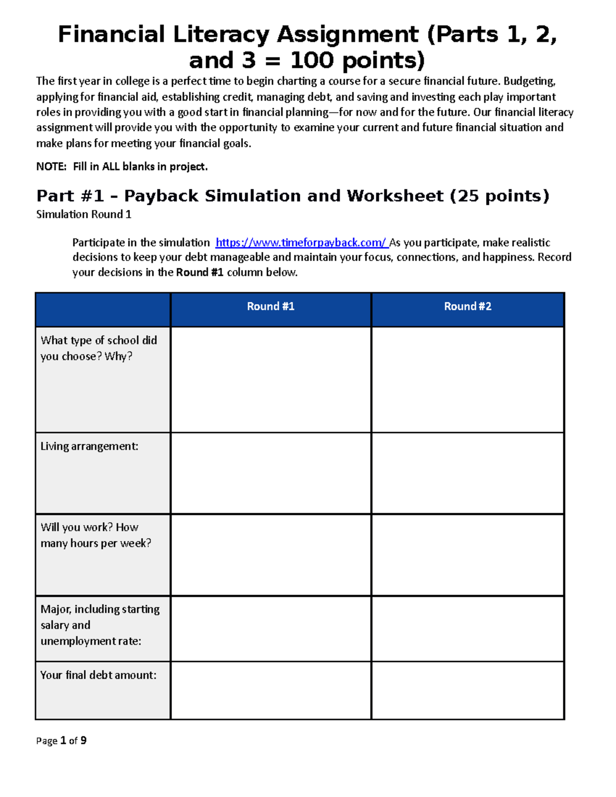 Financial Literacy Assignment - Budgeting, applying for financial aid ...