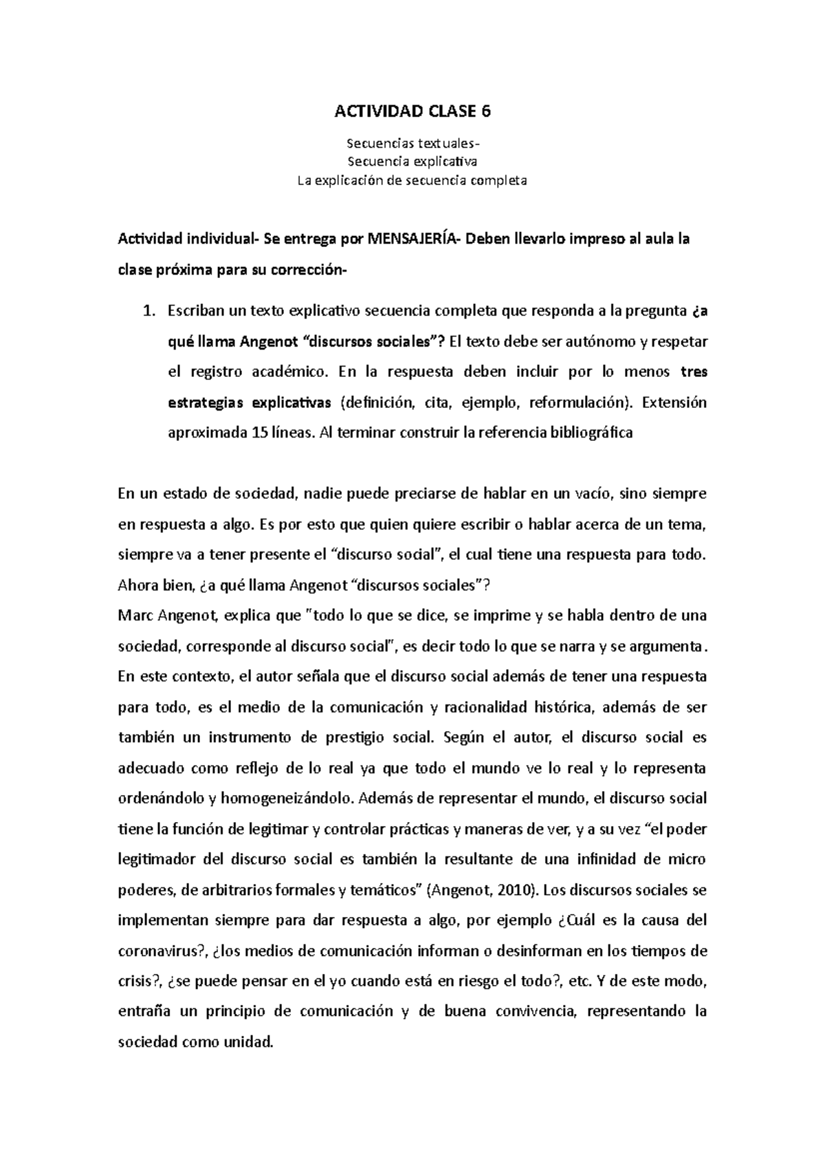 Discurso social Angenot - ACTIVIDAD CLASE 6 Secuencias textuales ...