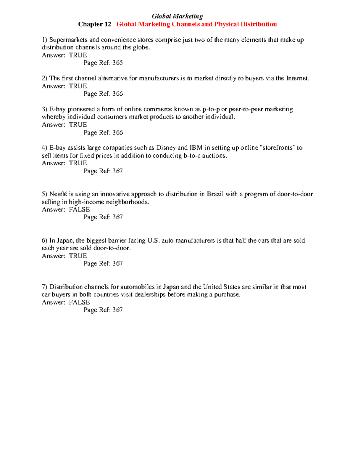 Ch12 Global Marketing Channels and Physical Distribution Test - Global ...