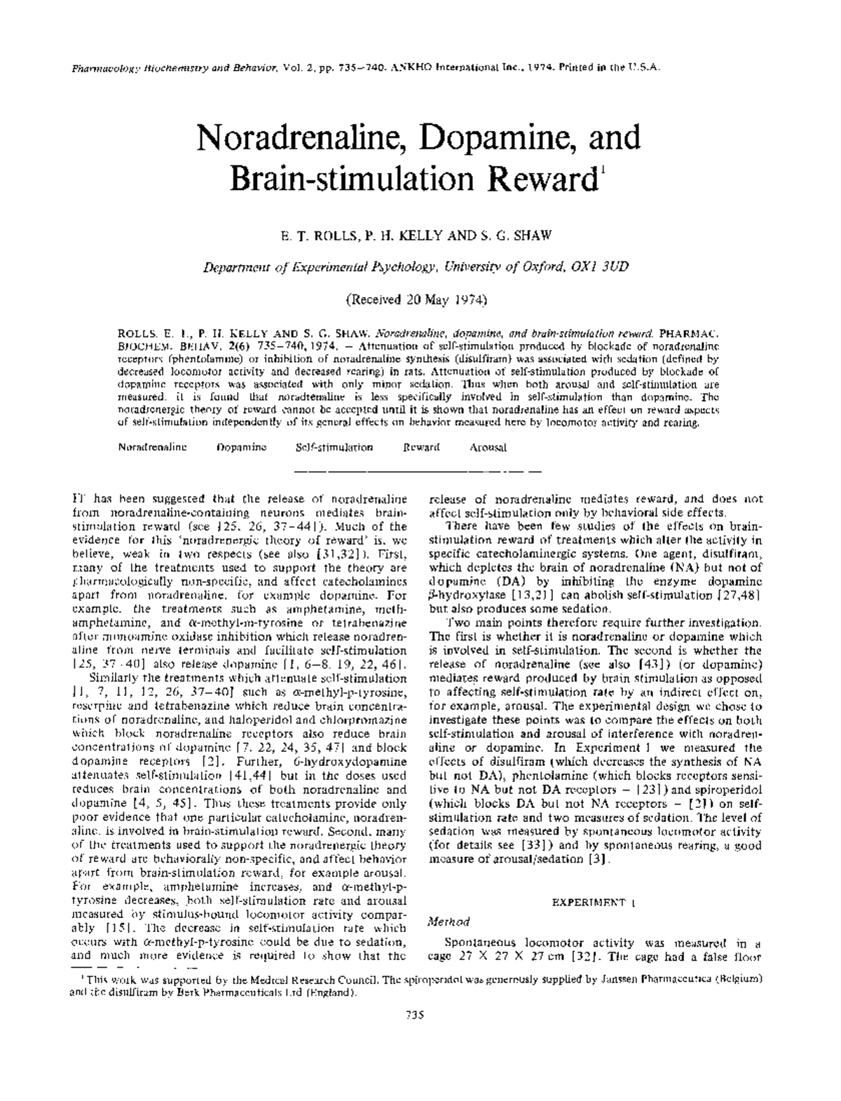 Noradrenaline dopamine and brain stimula - Pharmacology Biochemistry ...