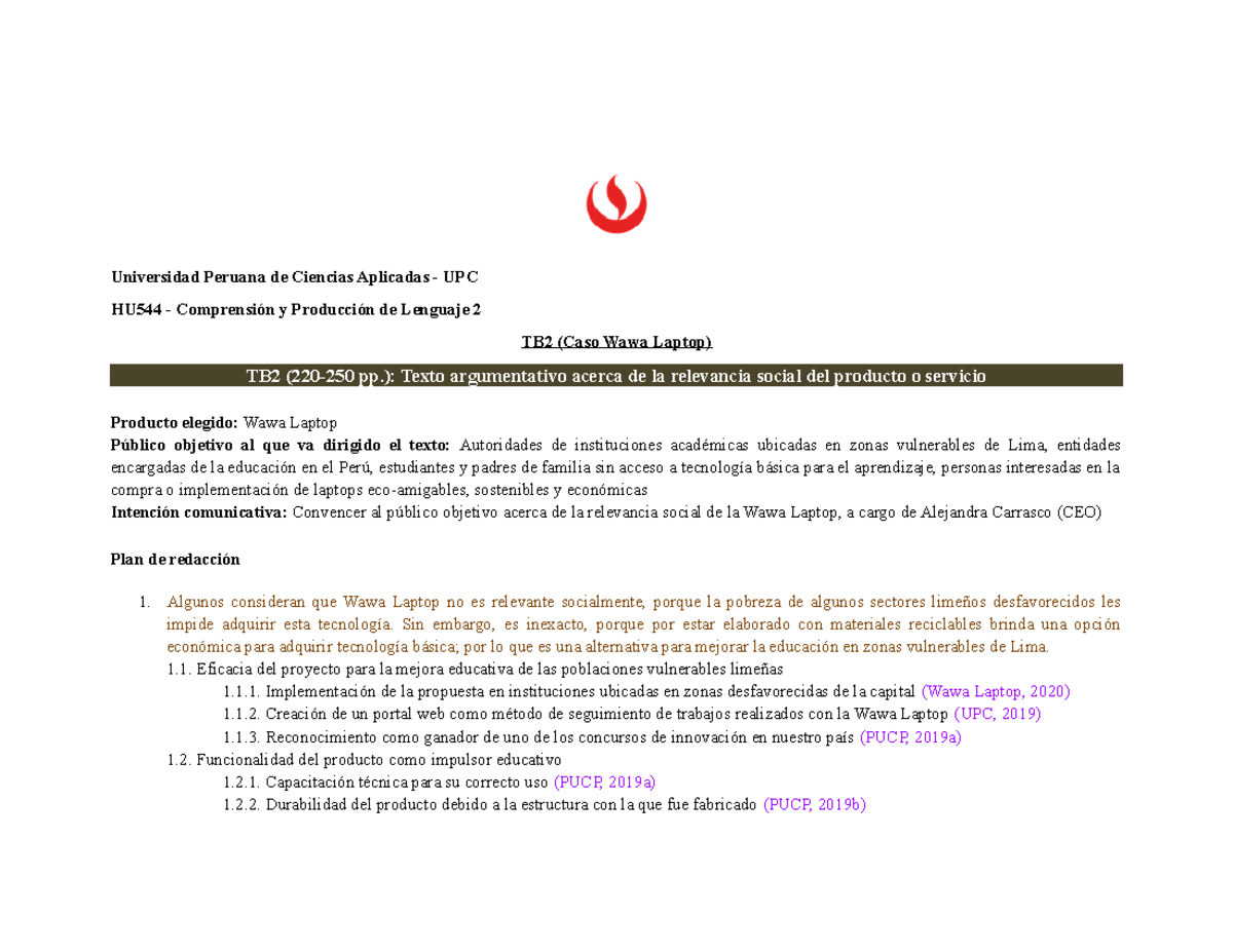TB2 CII - TB2 final - Universidad Peruana de Ciencias Aplicadas - UPC HU544 - Comprensión y ...