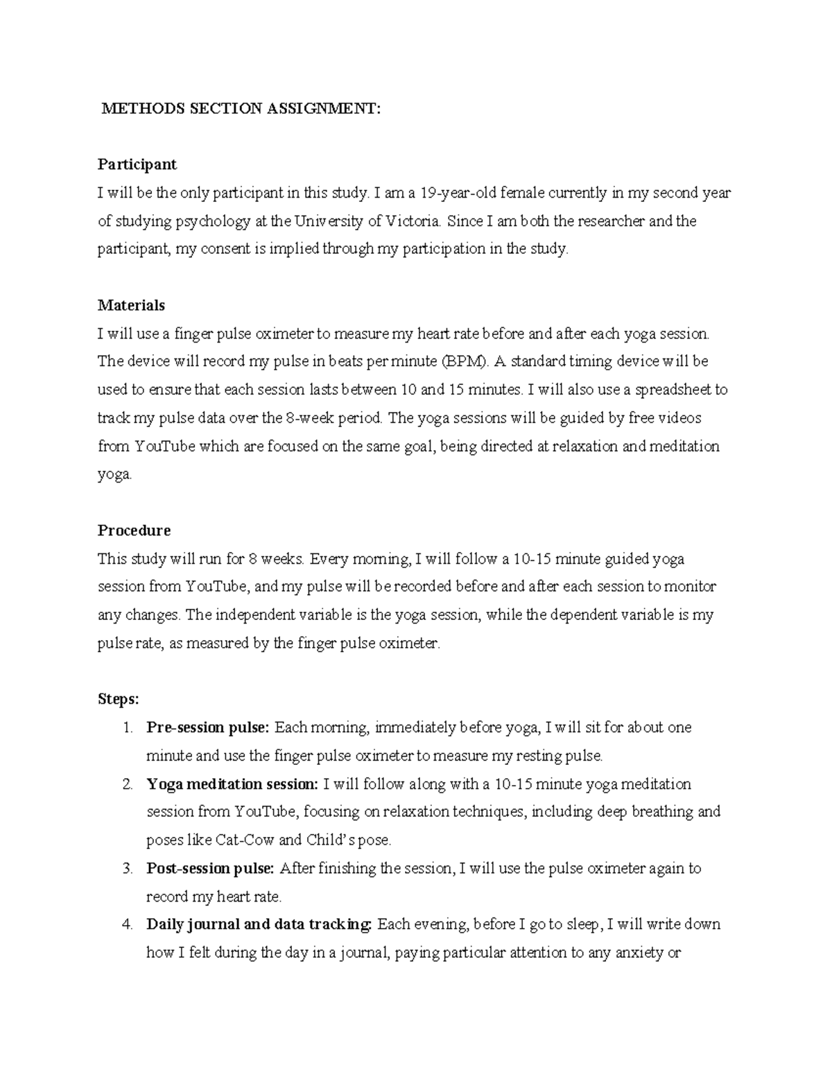 Methods for apa - METHODS SECTION ASSIGNMENT: Participant I will be the ...