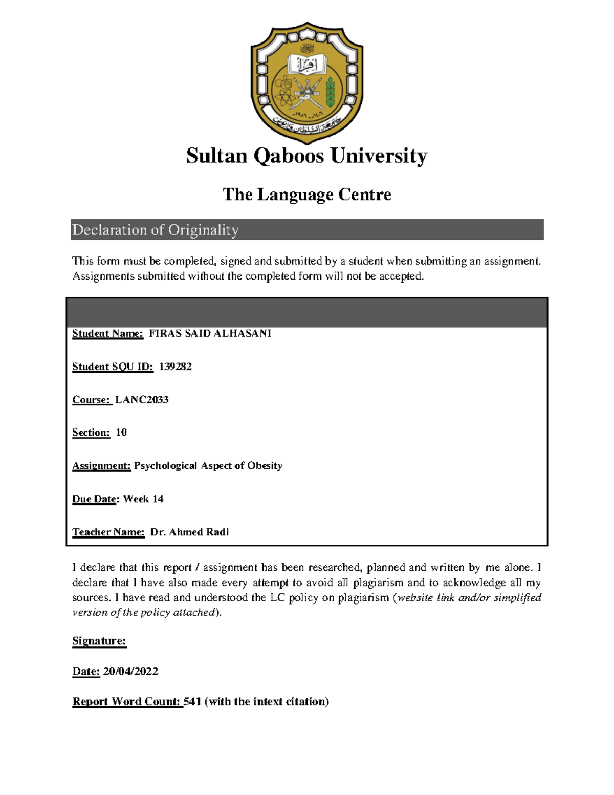 Project Report (final draft) - Sultan Qaboos University The Language ...
