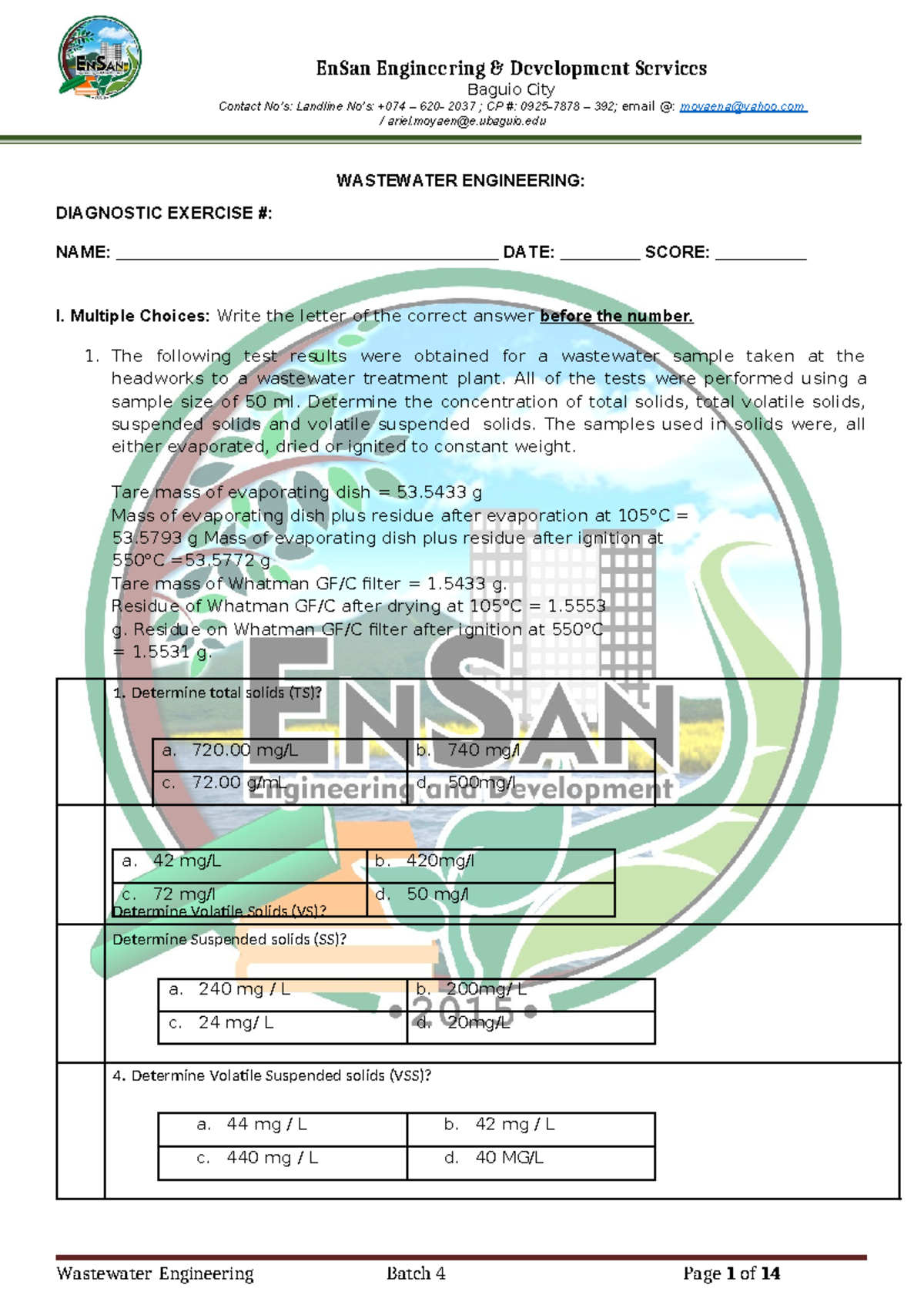 Wastewater- Engineering - 1. Determine total solids (TS)? Determine ...