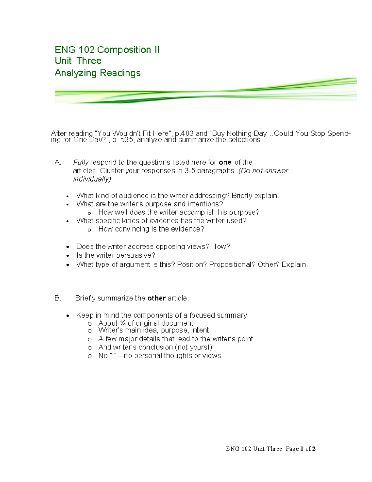 Unit 3 Full Assignment - N/A - ENG 102 Unit Three Page 1 of 2 ENG 102 ...
