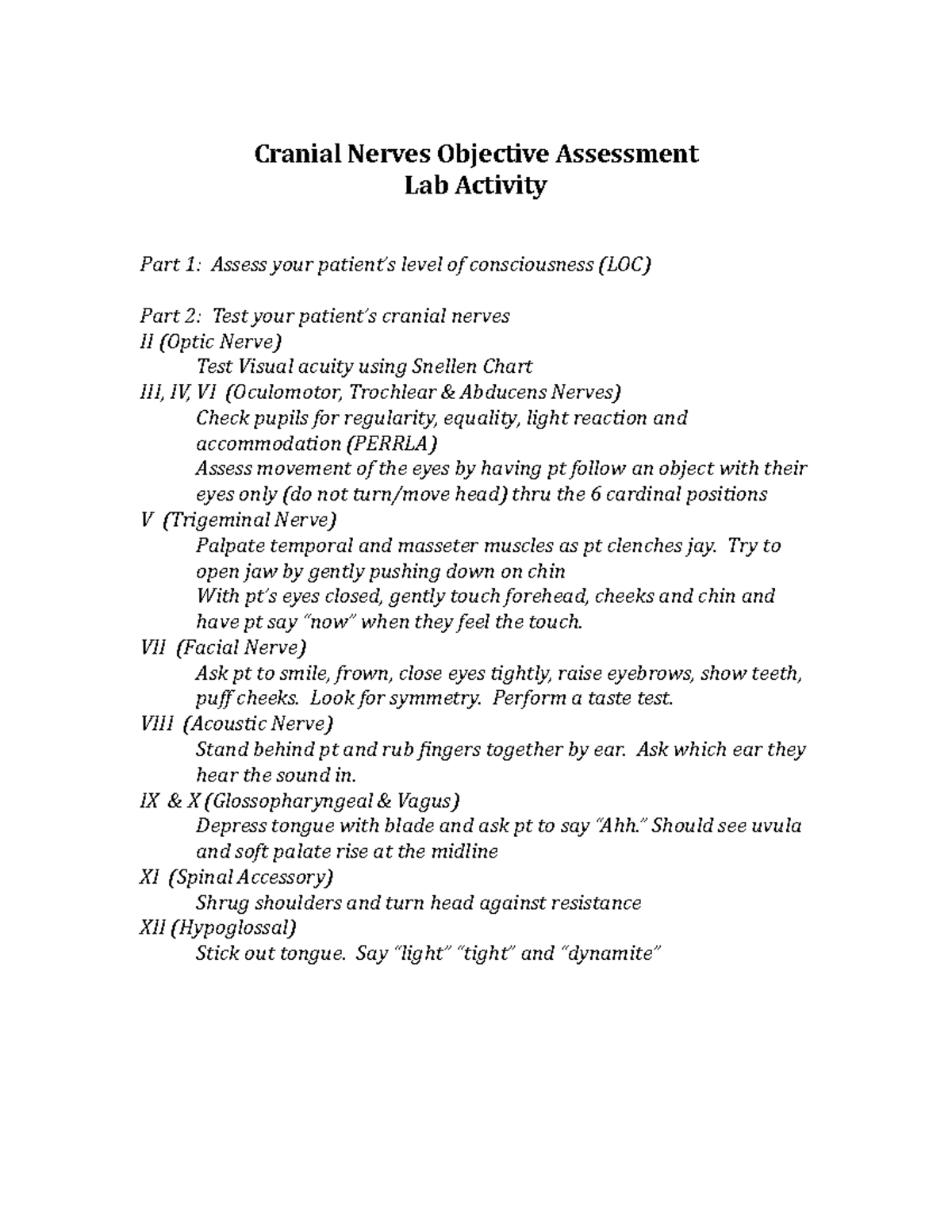 Cranial Nerves for lab - NOtes - Cranial Nerves Objective Assessment ...